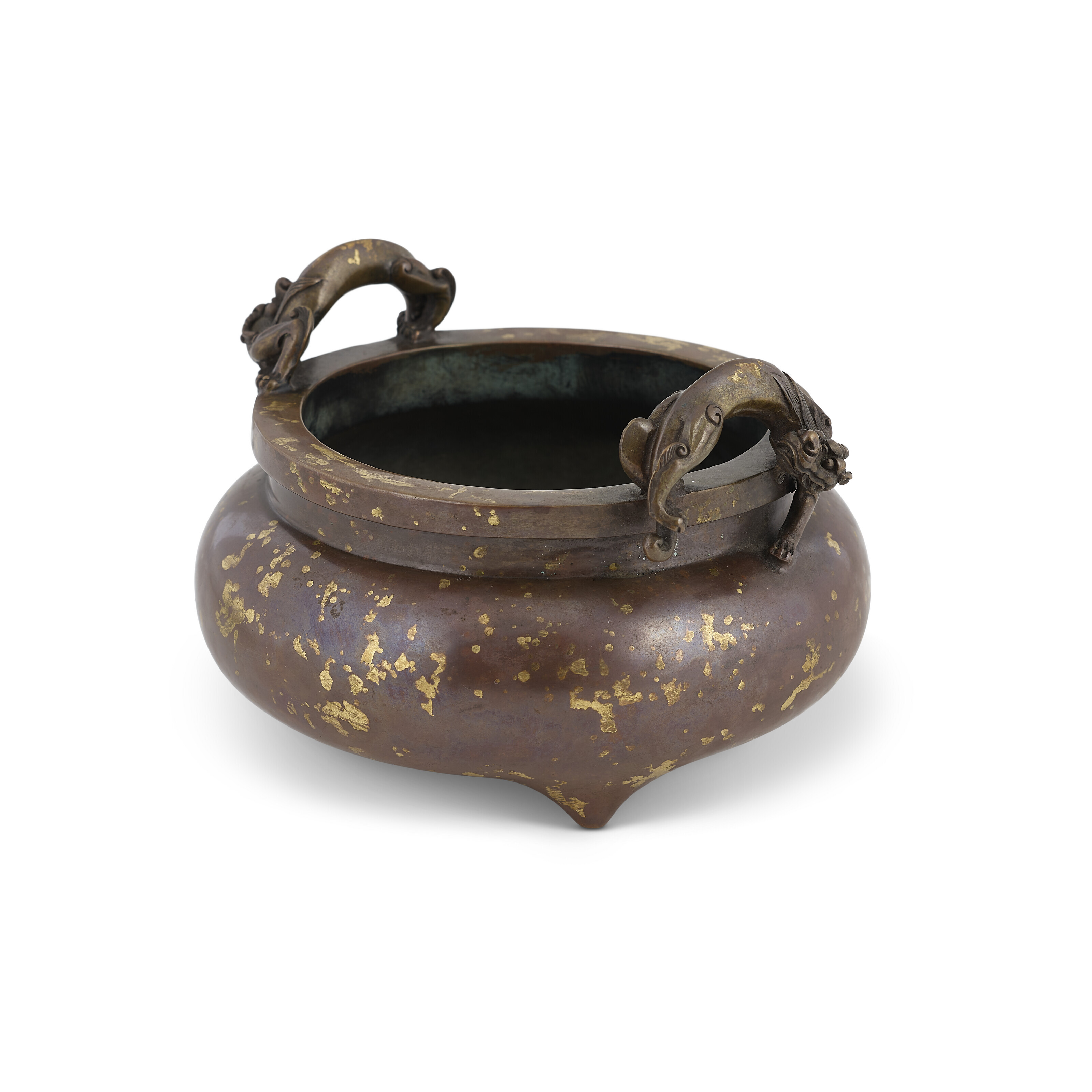 A GILT-SPLASHED BRONZE TRIPOD CENSER, QING DYNASTY, 17TH-18TH CENTURY ...