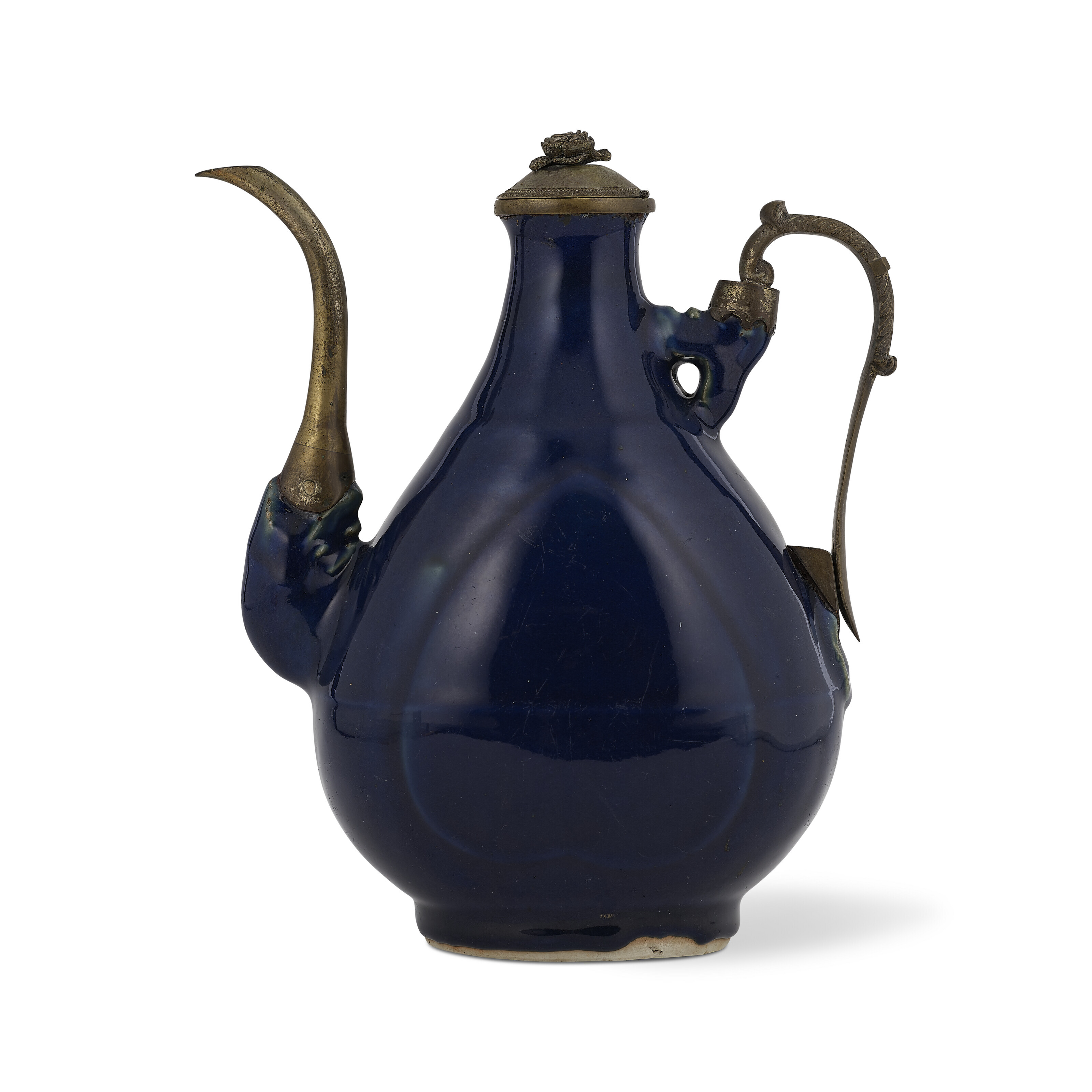 A METAL-MOUNTED BLUE-GLAZED EWER, EARLY MING DYNASTY, 14TH-15TH CENTURY ...