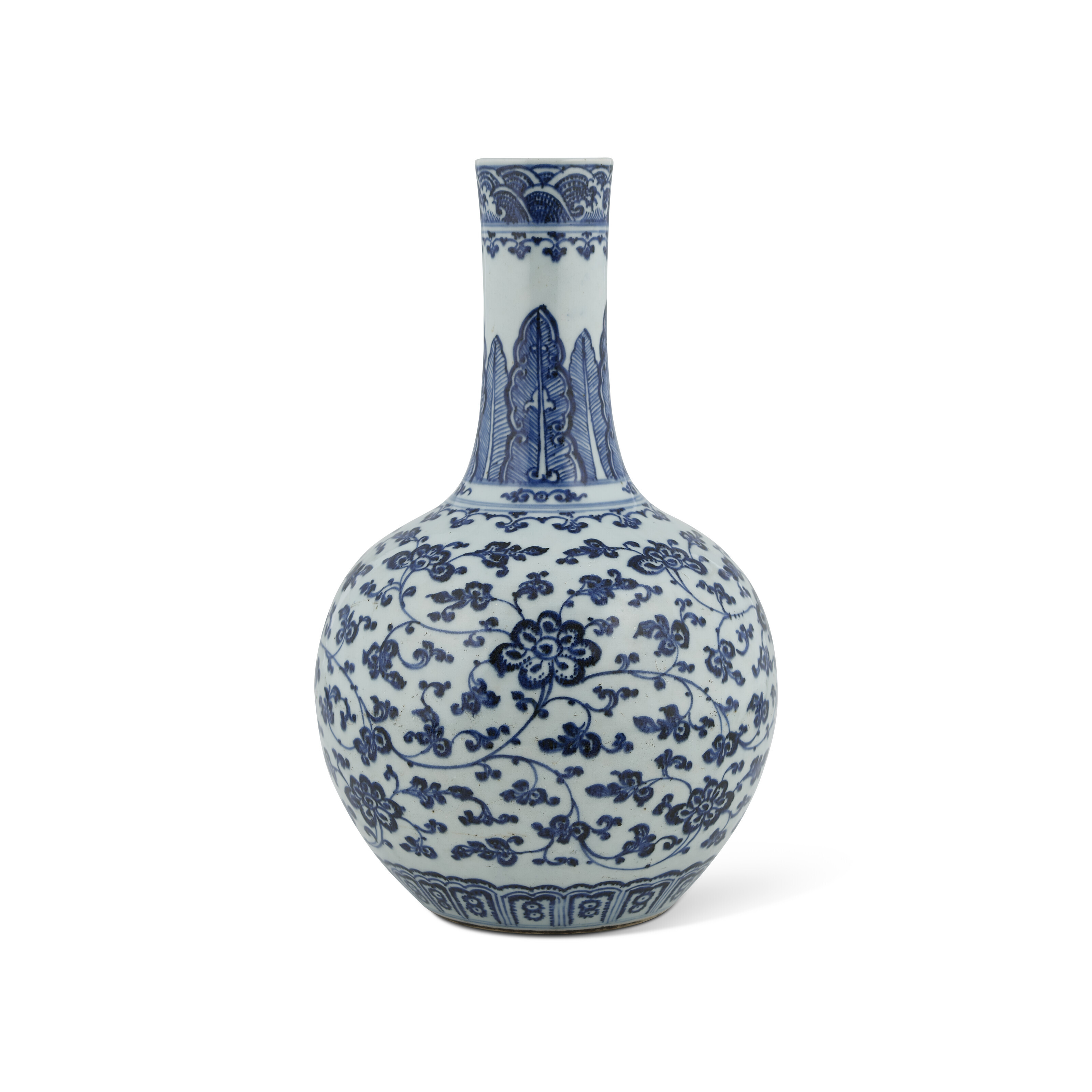 A BLUE AND WHITE ‘LOTUS SCROLL’ VASE, QING DYNASTY, 18TH CENTURY ...