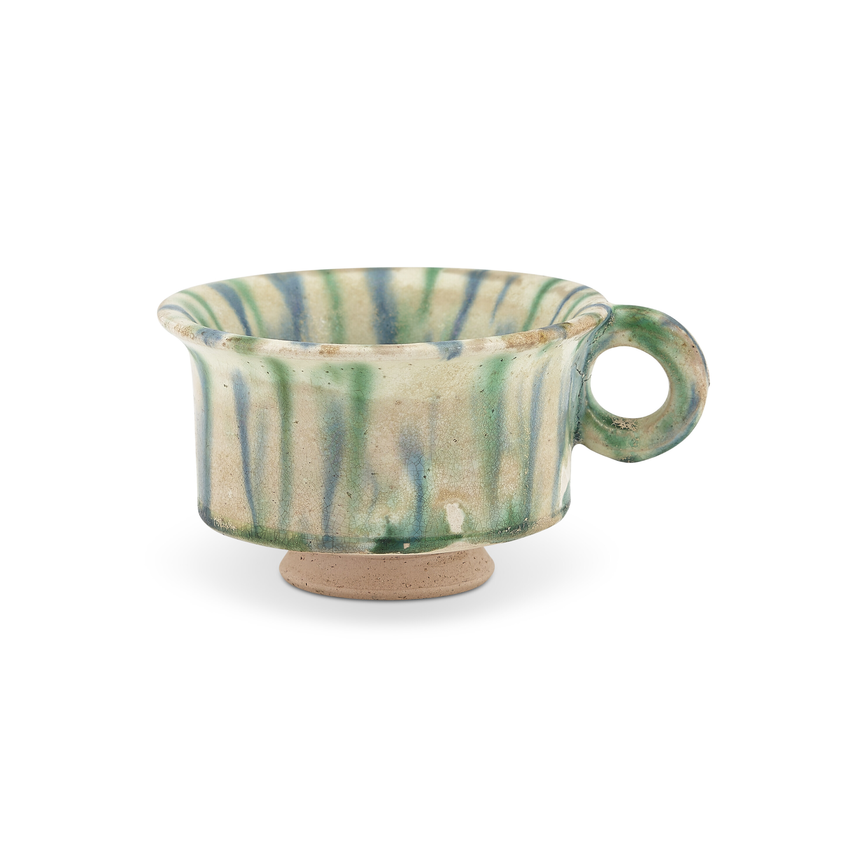 A RARE BLUE, GREEN, AND CREAM-GLAZED POTTERY HANDLED CUP, TANG DYNASTY ...