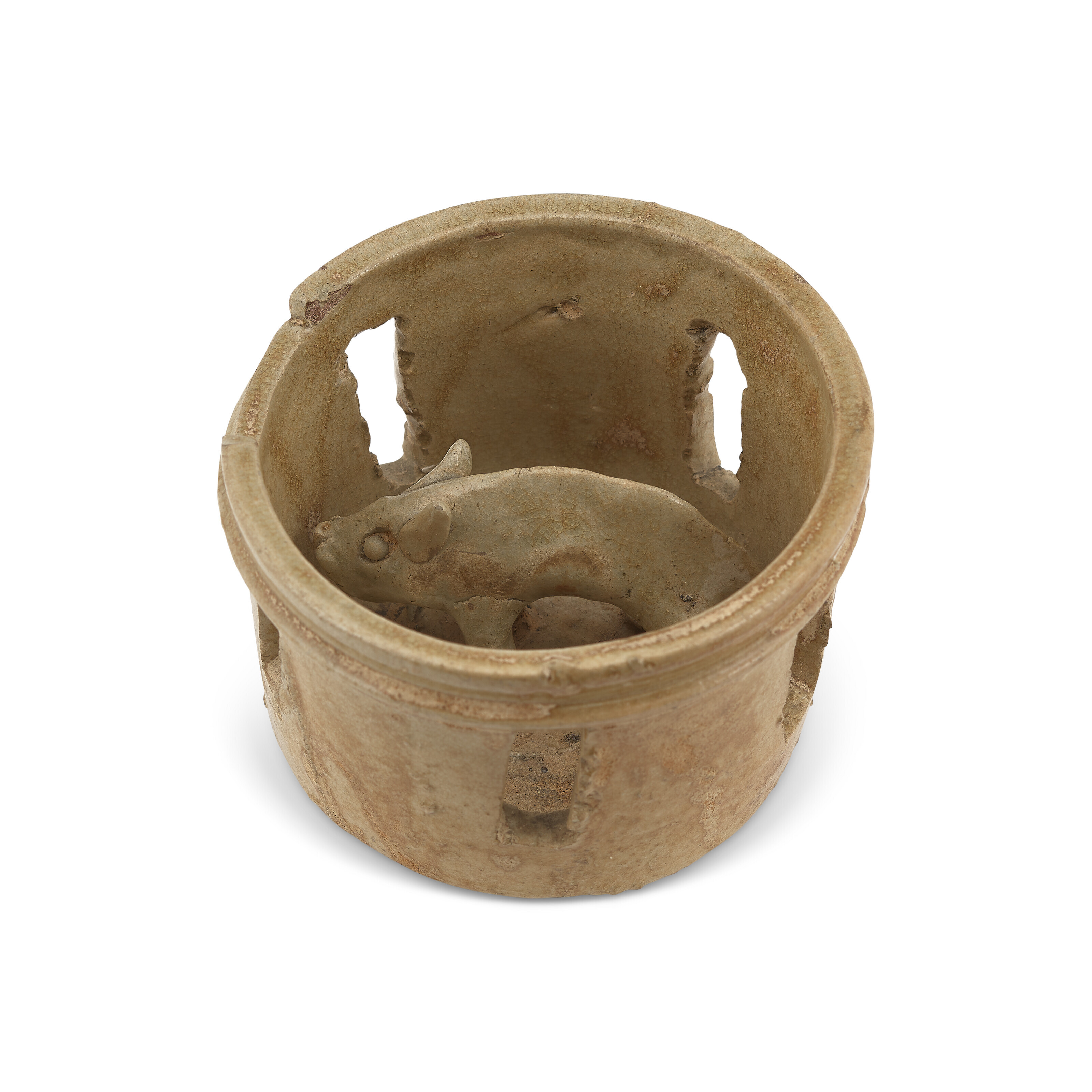 A SMALL ASH-GLAZED MODEL OF A PIG PEN, SOUTHERN DYNASTIES (420-589 ...