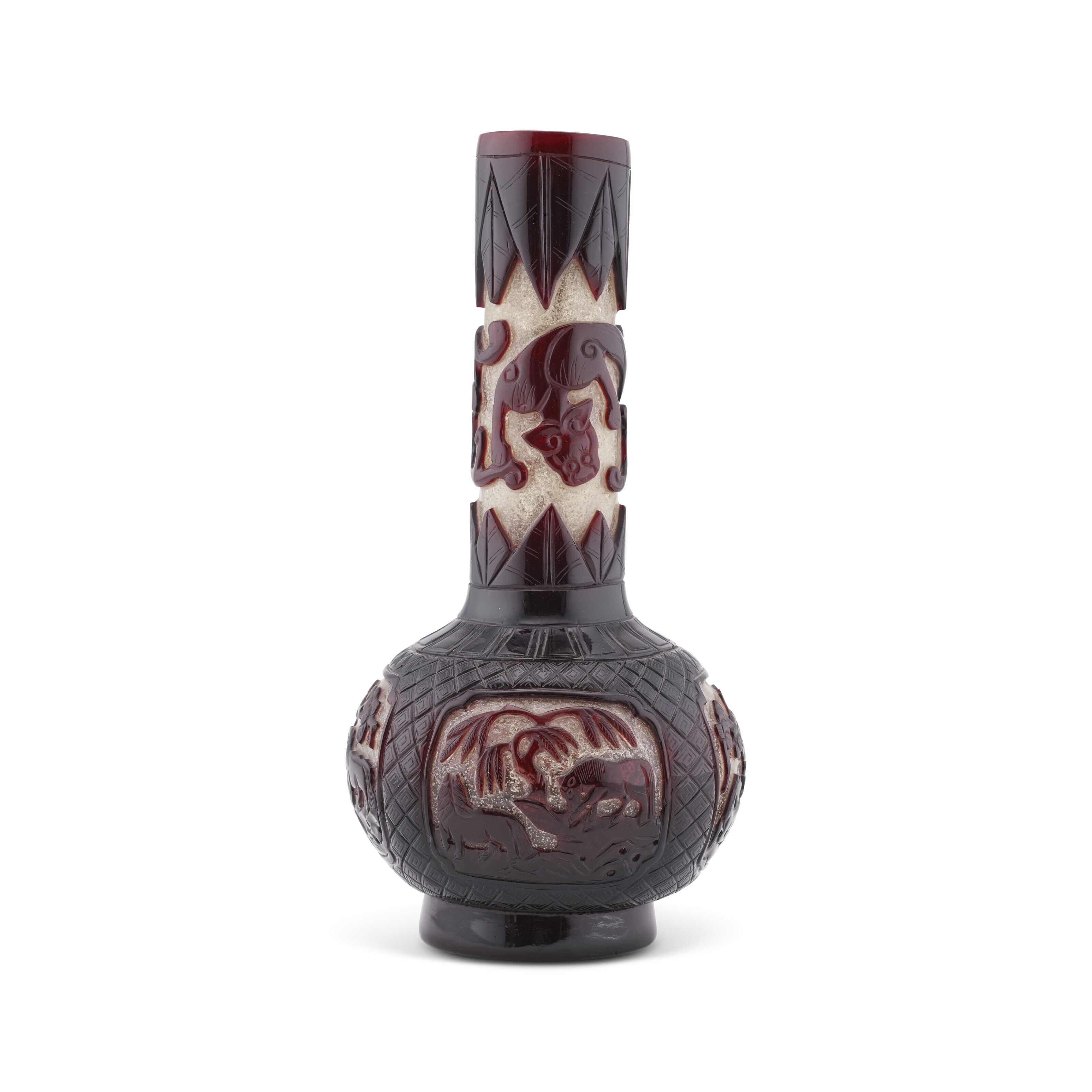A RARE RUBY-RED-OVERLAY SNOWFLAKE GLASS ‘EIGHT HORSES’ BOTTLE VASE ...