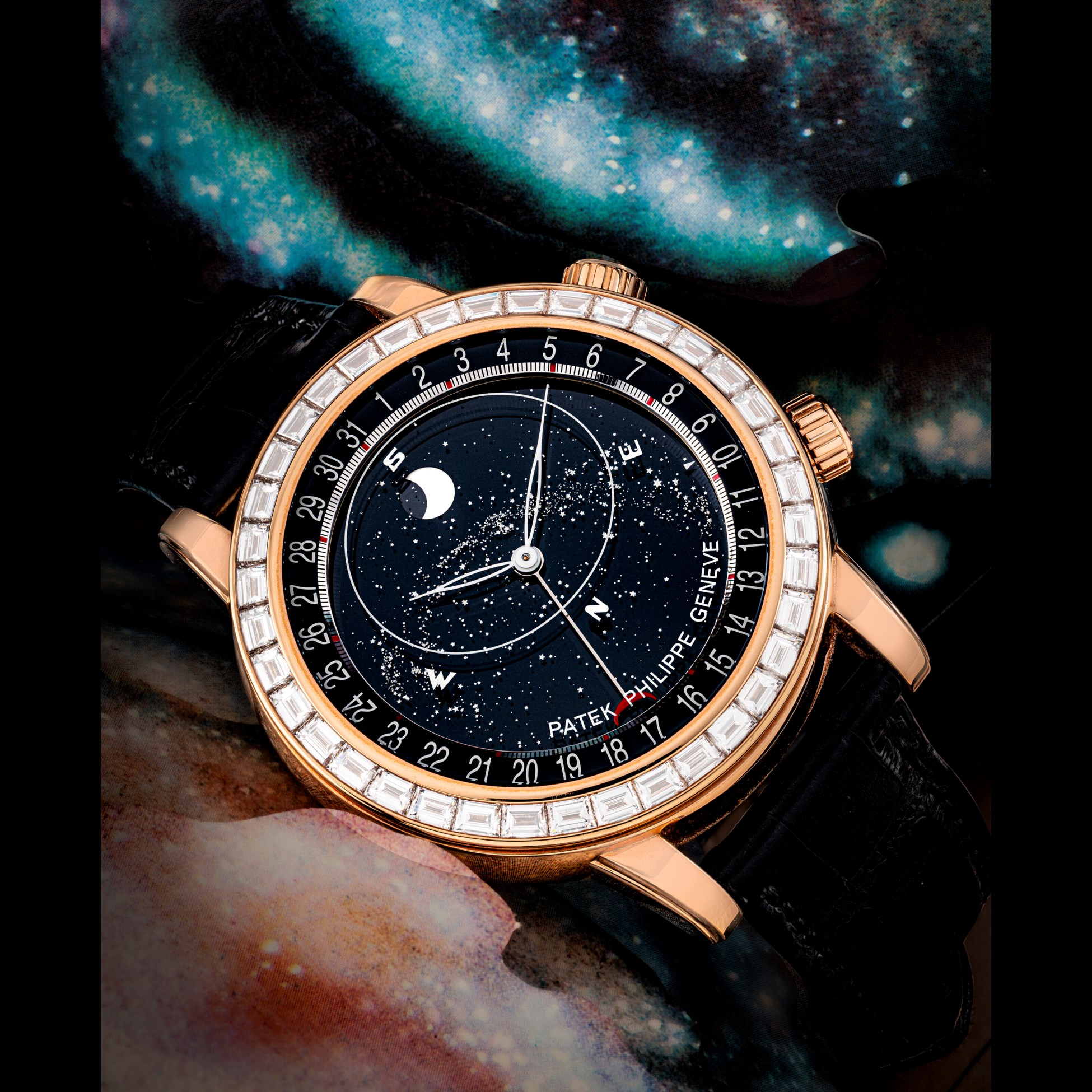 PATEK PHILIPPE. AN IMPRESSIVE AND ATTRACTIVE 18K PINK GOLD AND BAGUETTE ...