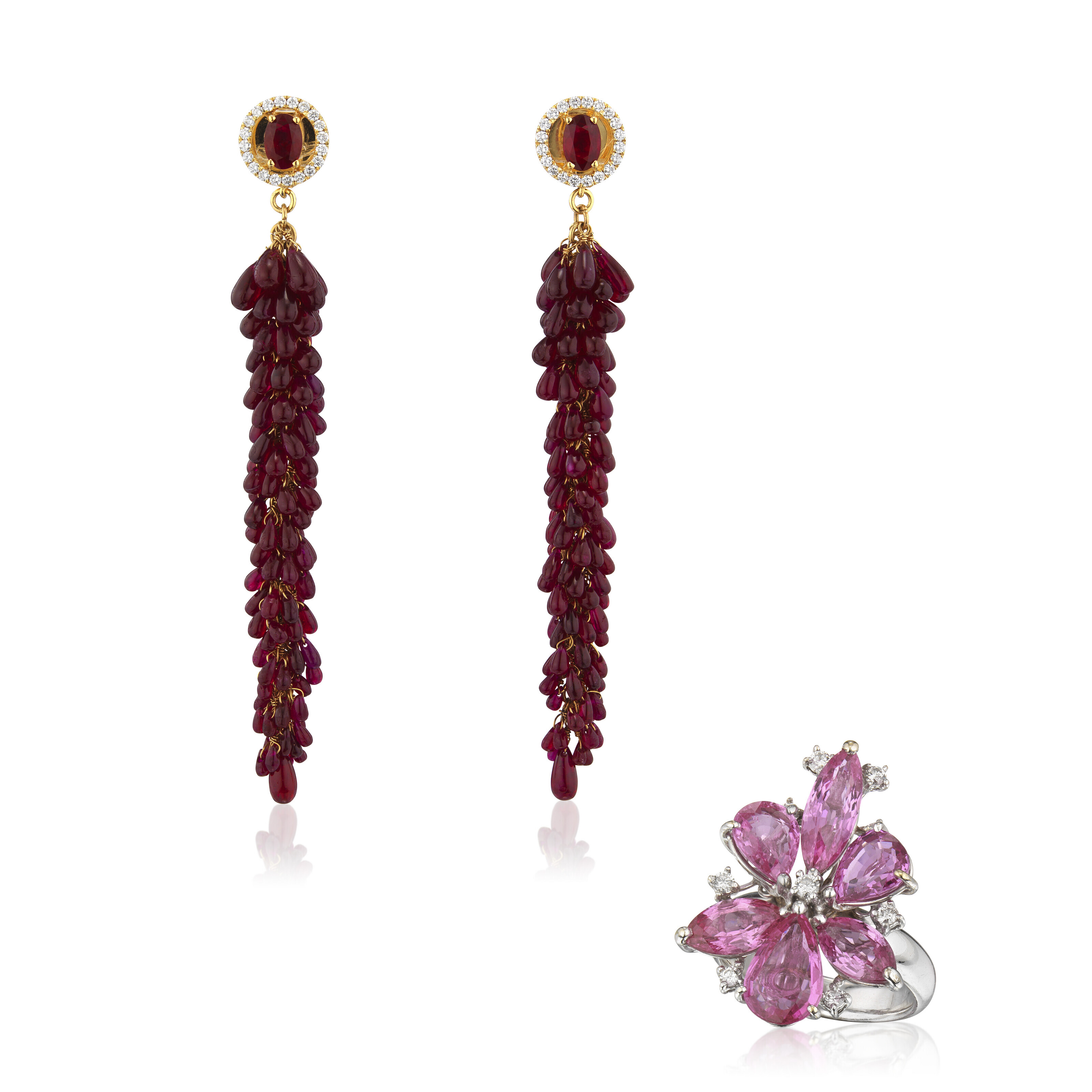 RUBY AND DIAMOND EARRINGS; TOGETHER WITH A COLOURED SAPPHIRE AND ...