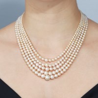 FIVE-STRAND NATURAL PEARL AND DIAMOND NECKLACE | Christie's