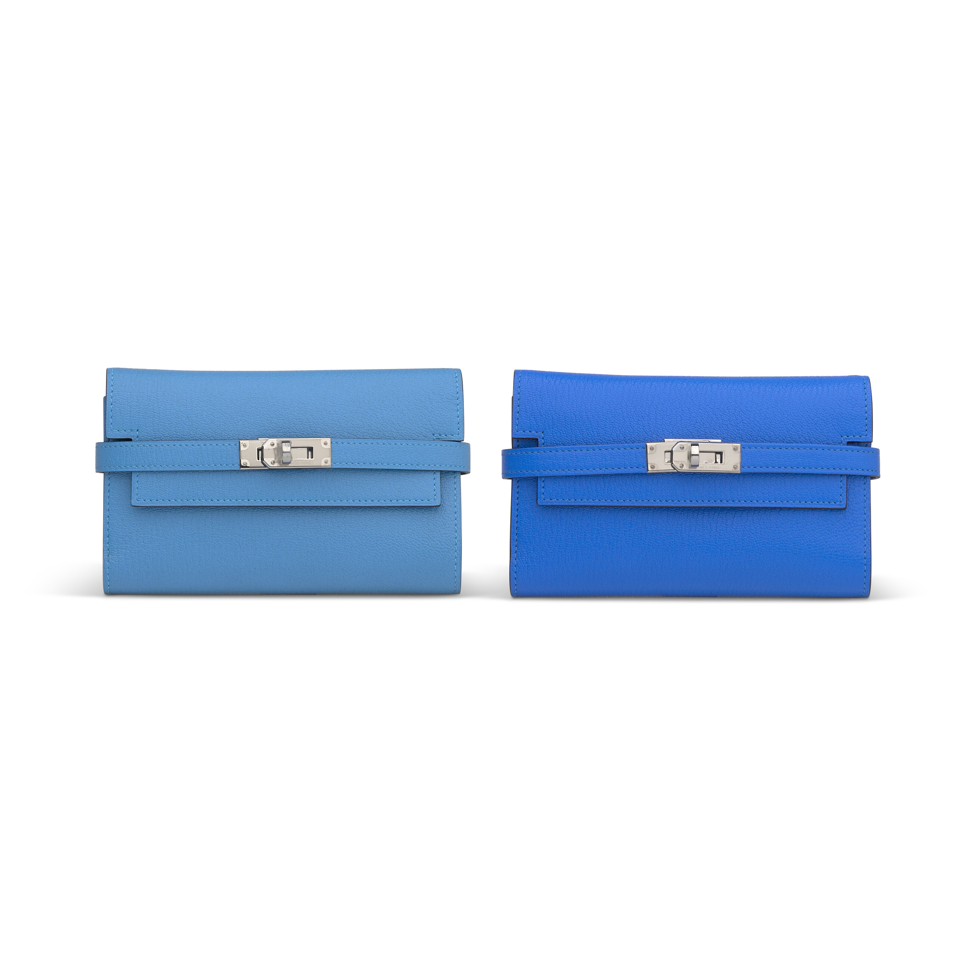 A SET OF TWO: A BLEU ZANZIBAR CHÈVRE LEATHER KELLY COMPACT WALLET WITH ...