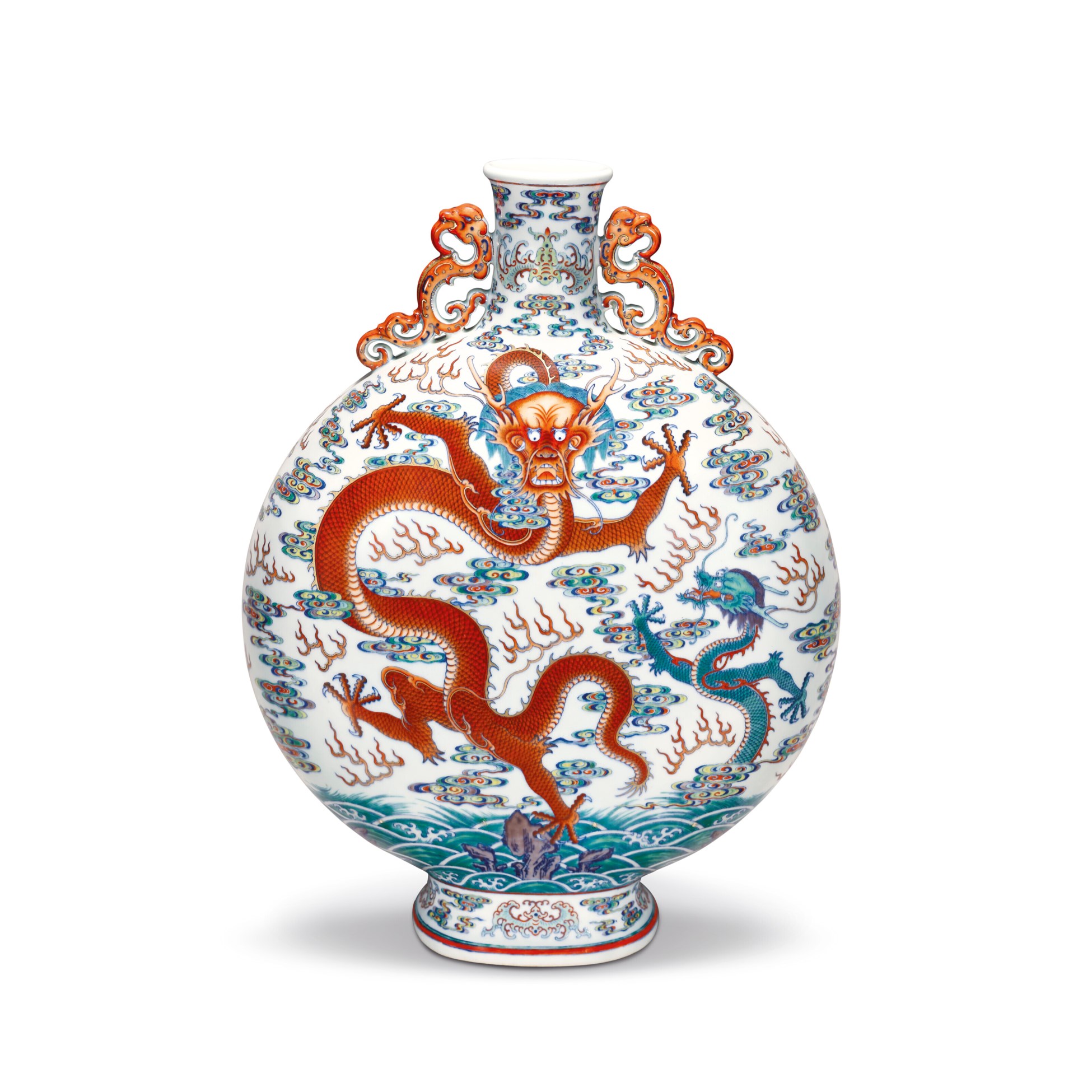 A FINE AND EXTREMELY RARE DOUCAI ‘DRAGON’ MOONFLASK, QIANLONG SIX ...