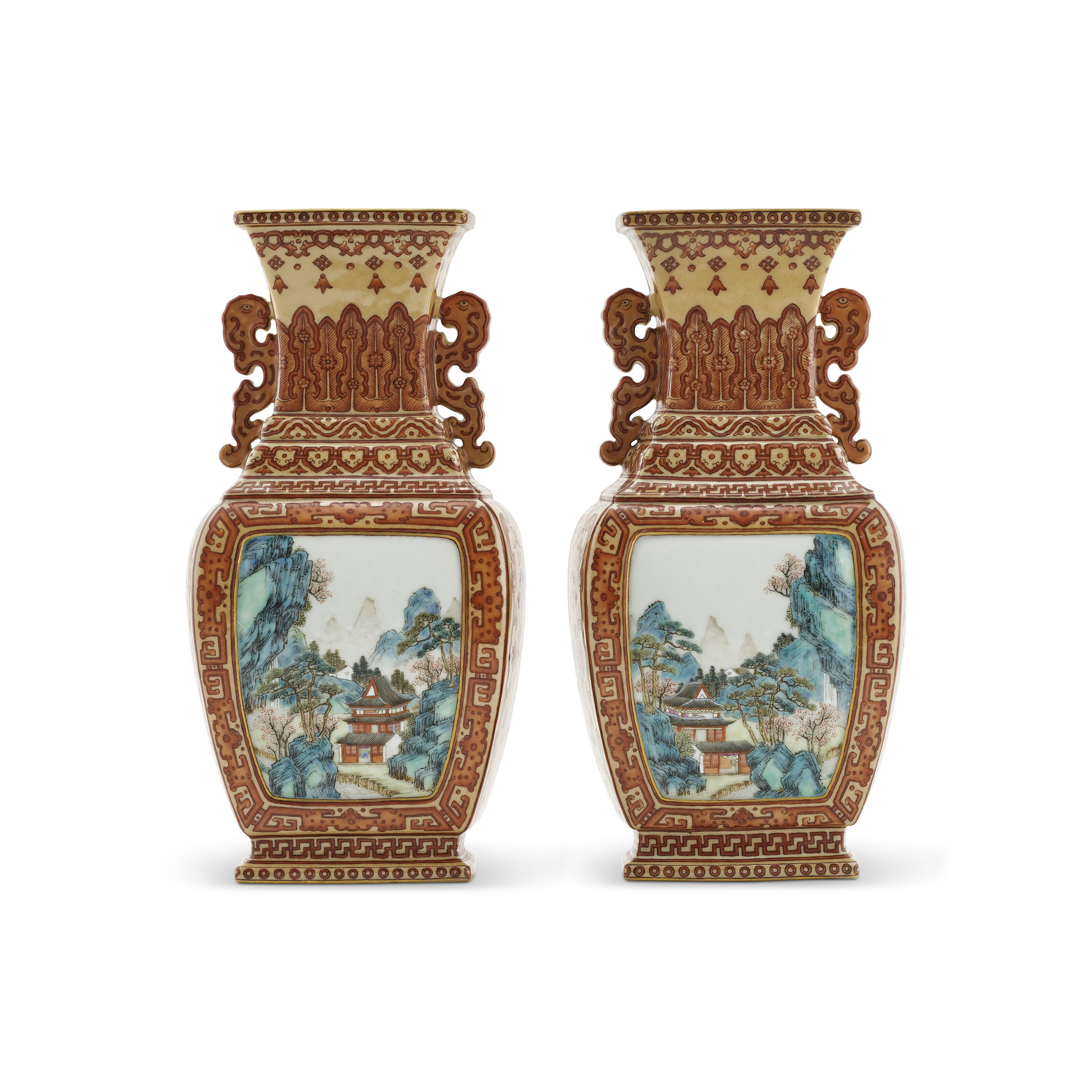 A RARE PAIR OF IRON-RED DECORATED FAMILLE ROSE CAFÉ-AU-LAIT GROUND WALL ...