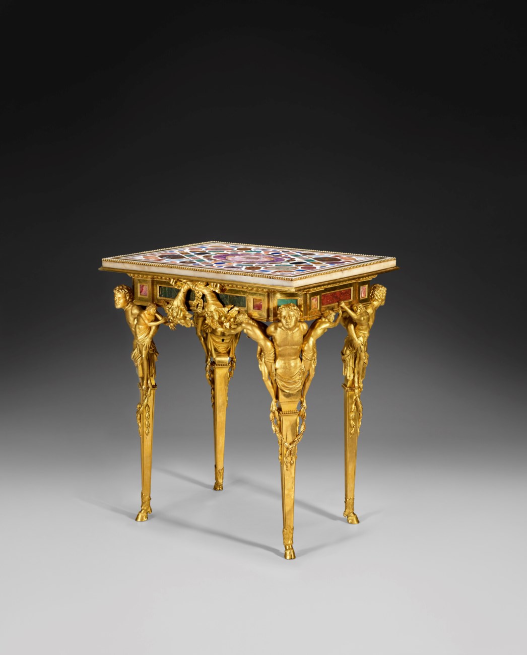 A MAGNIFICENT ITALIAN ORMOLU, WHITE MARBLE AND SEMI-PRECIOUS HARDSTONE ...