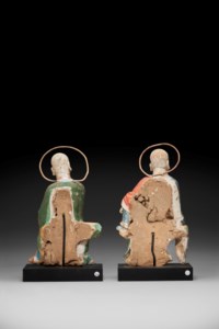 A PAIR OF POLYCHROME AND GILT-DECORATED STUCCO FIGURES OF LUOHAN, YUAN ...