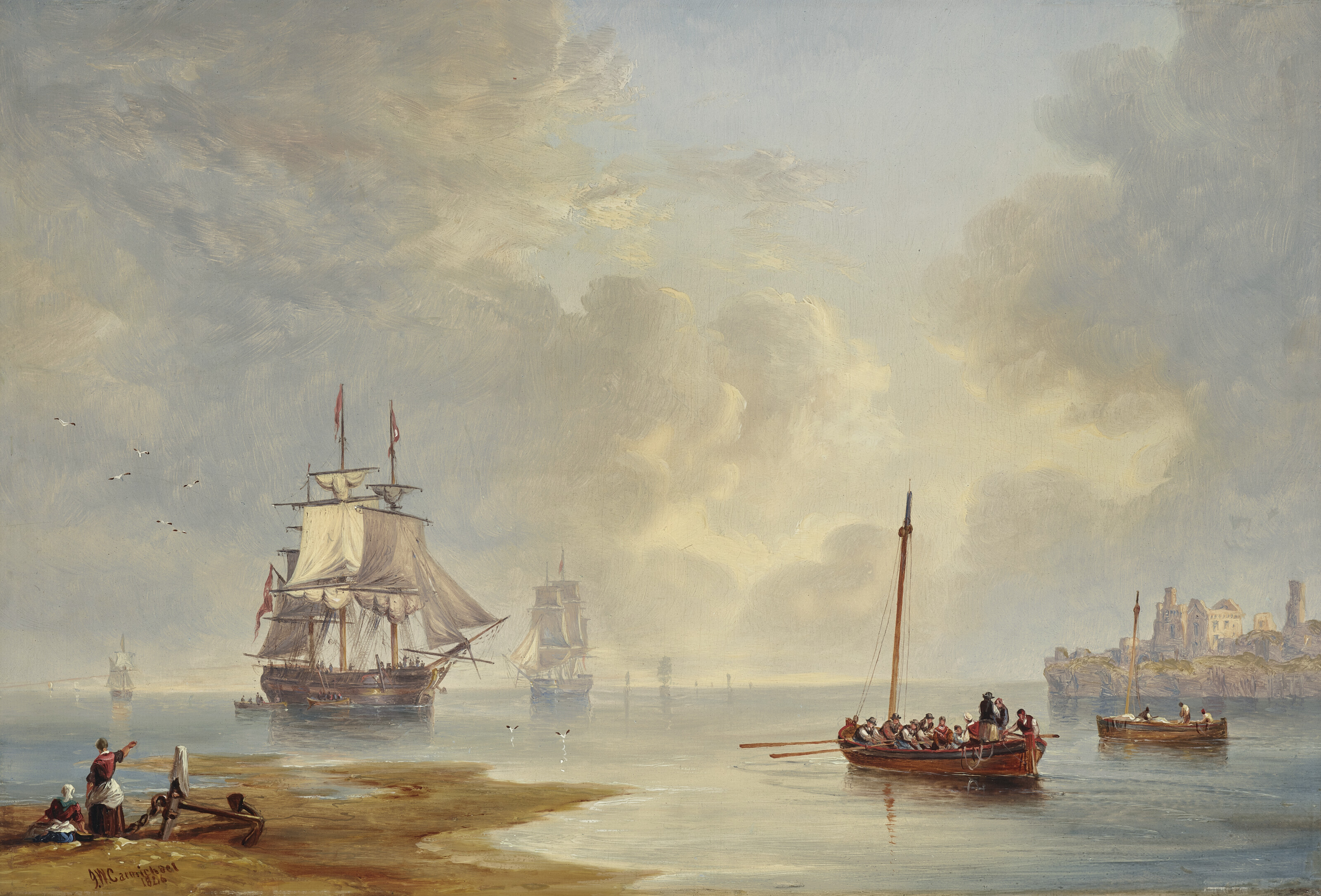 JOHN WILSON CARMICHAEL (BRITISH, 1799-1868), A Calm Day, Man o'War Off ...