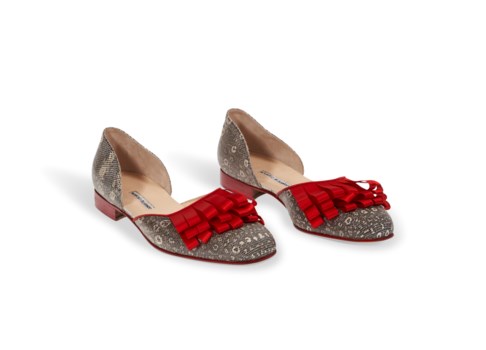 A pair of reptile skin and red silk embellished evening shoes, Manolo ...