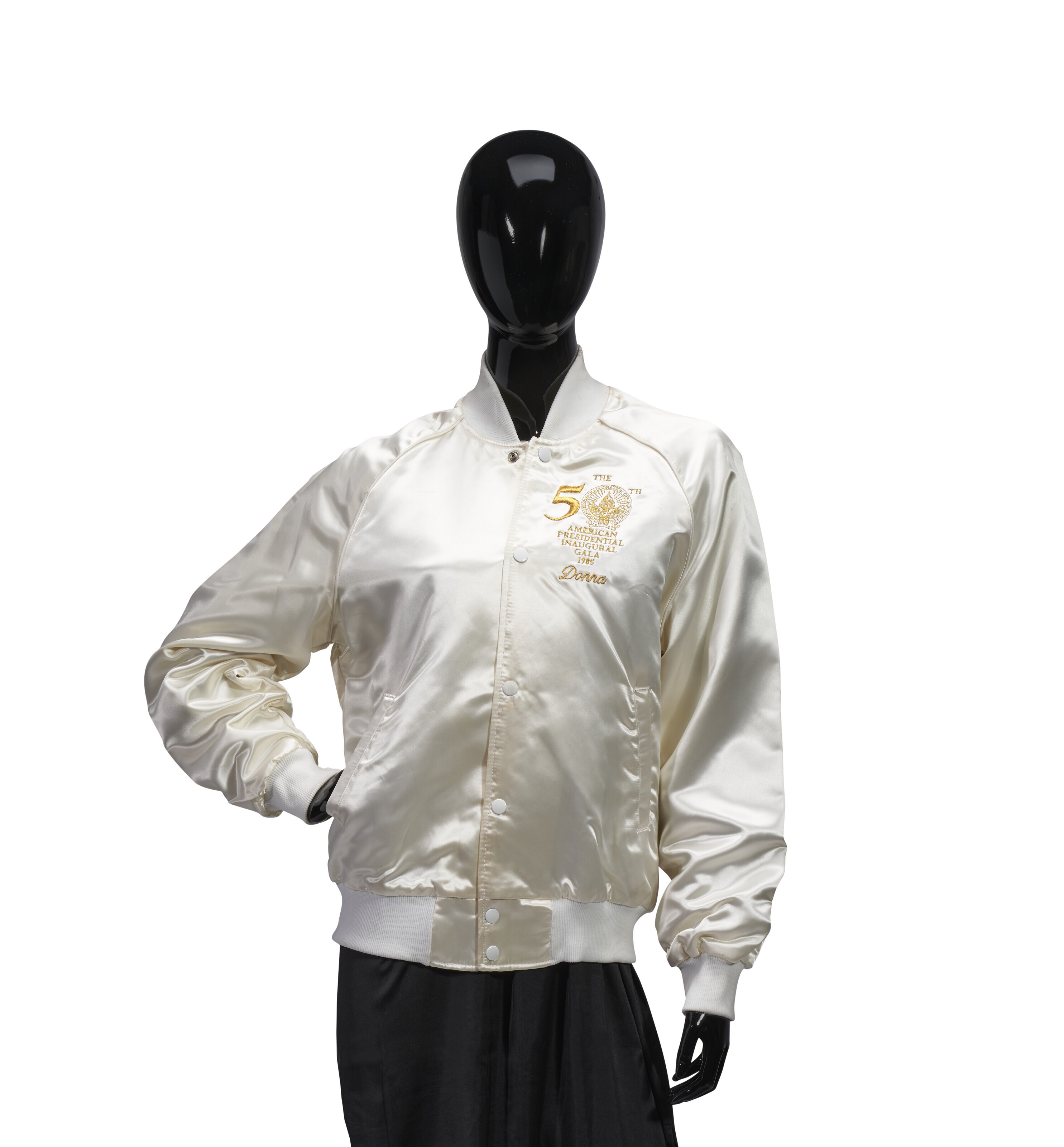 A WHITE SATIN BOMBER JACKET FROM RONALD REAGAN'S 1985 INAUGURAL GALA ...