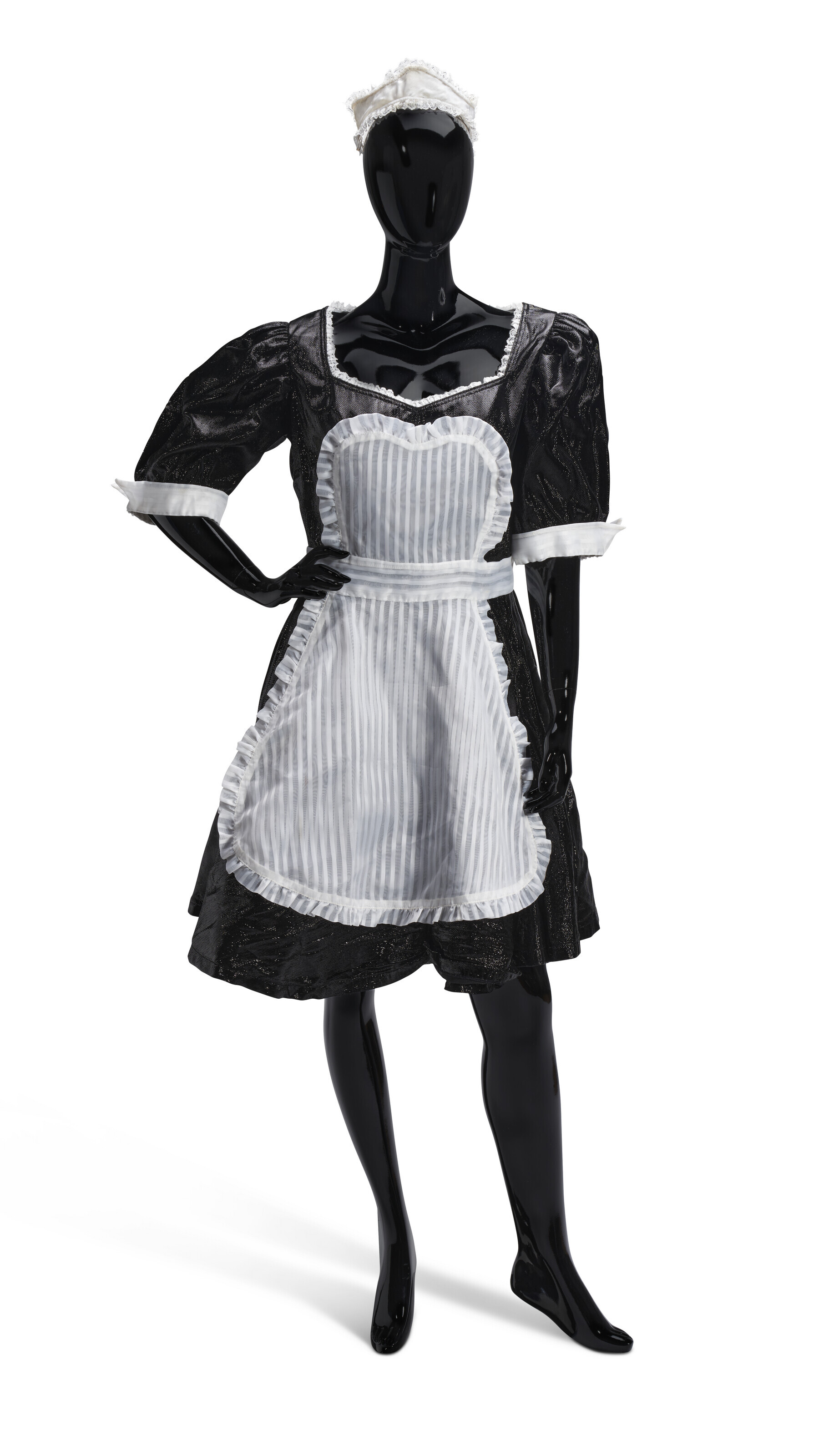 A BLACK GLITTERED POLYESTER MAID DRESS WITH ATTACHED WHITE TULLE APRON ...