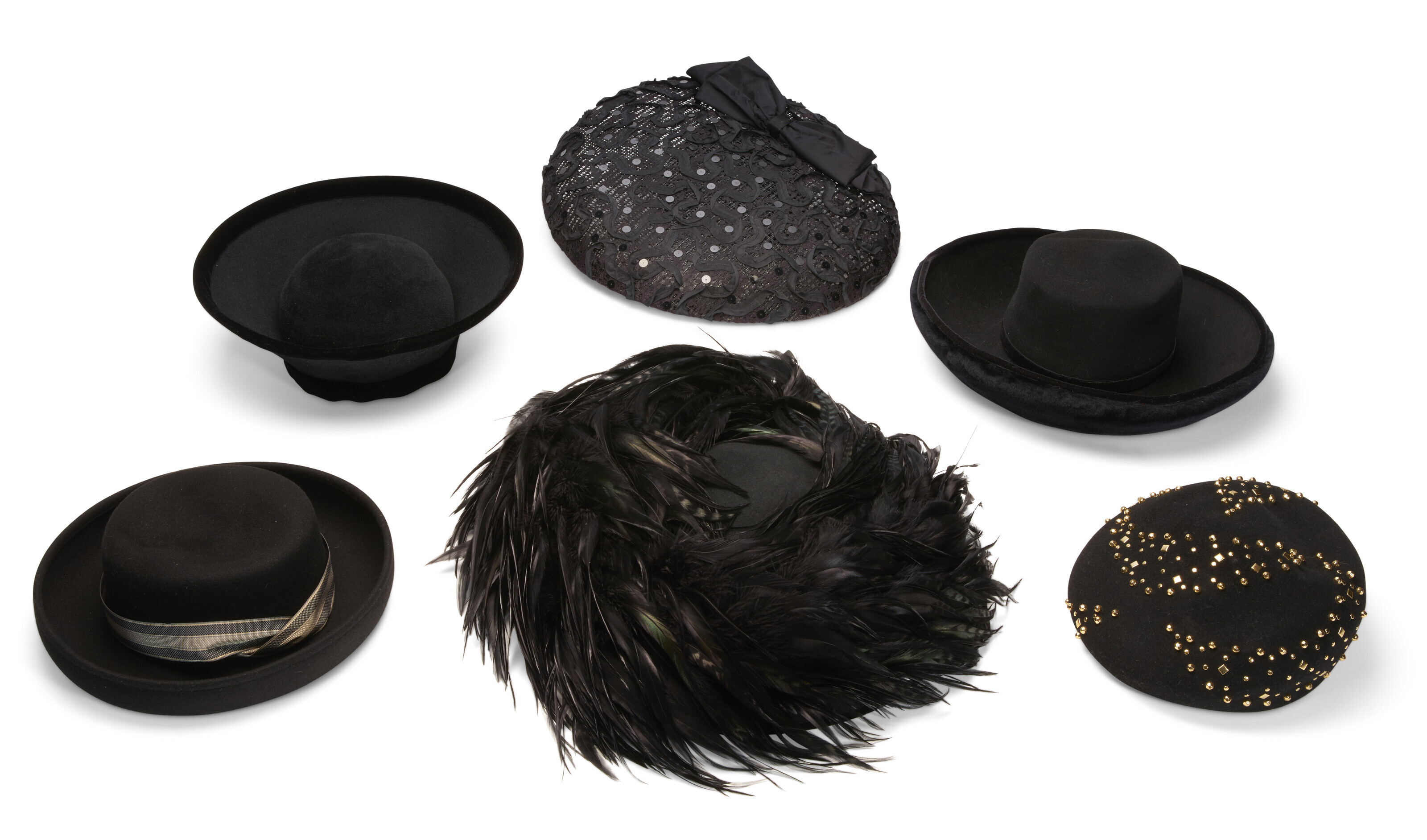 A GROUP OF SIX BLACK HATS, VARIOUS MAKERS, LATE 20TH/EARLY 21ST CENTURY ...