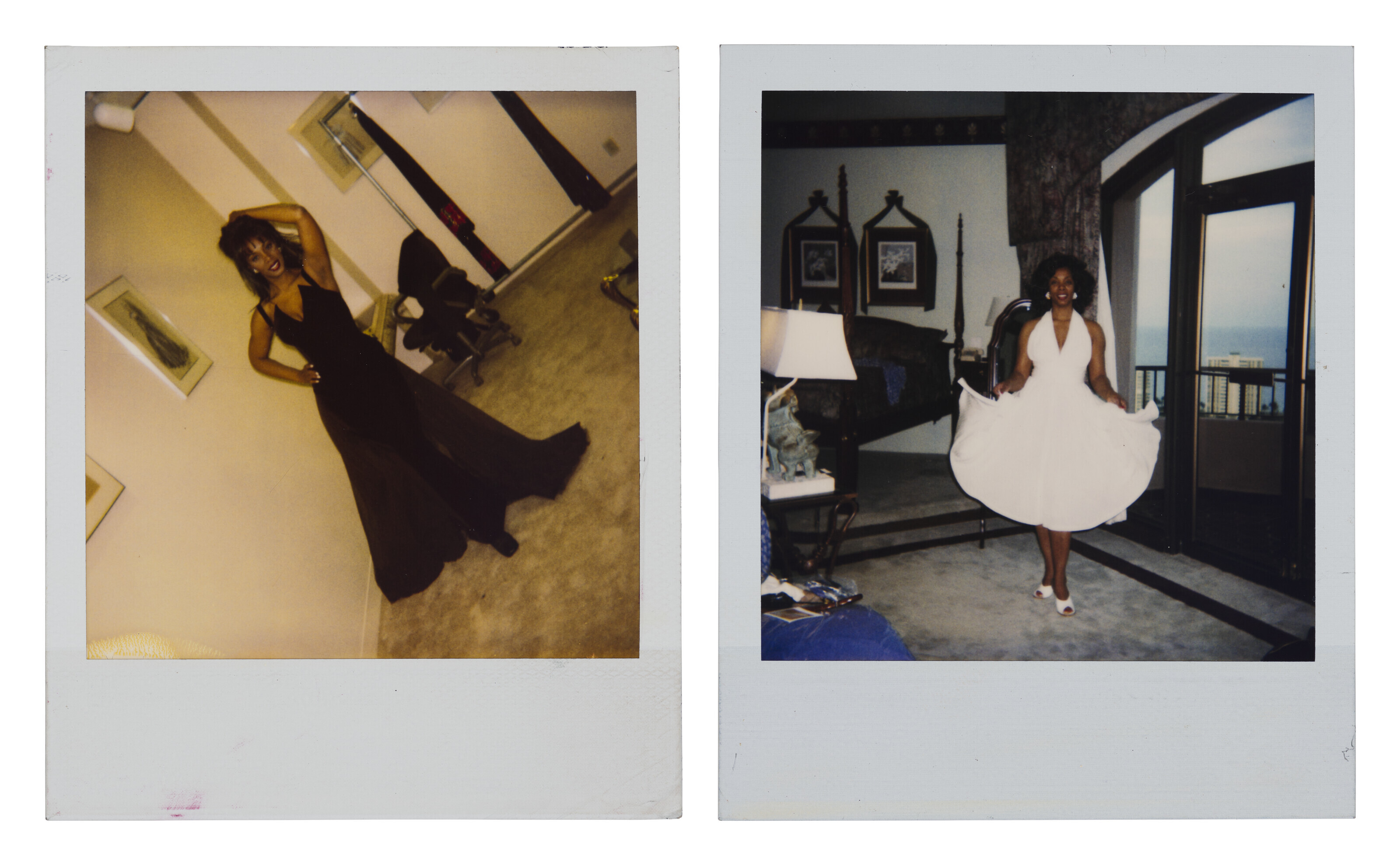 TWO CANDID POLAROID PHOTOGRAPHS OF DONNA SUMMER MODELING DRESSES, CIRCA ...
