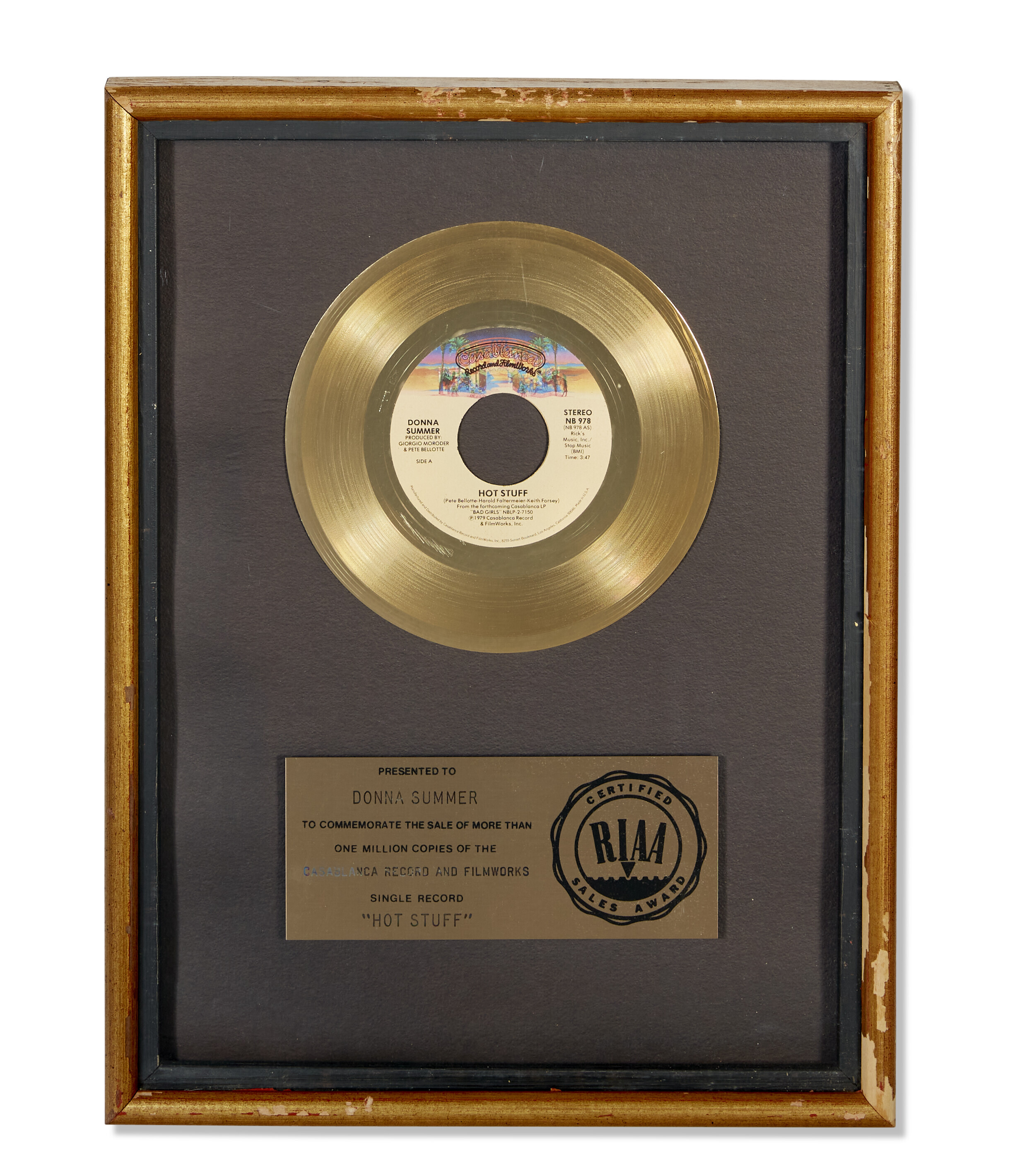 RIAA GOLD RECORD AWARD ISSUED TO DONNA SUMMER FOR 'HOT STUFF', 1979 ...