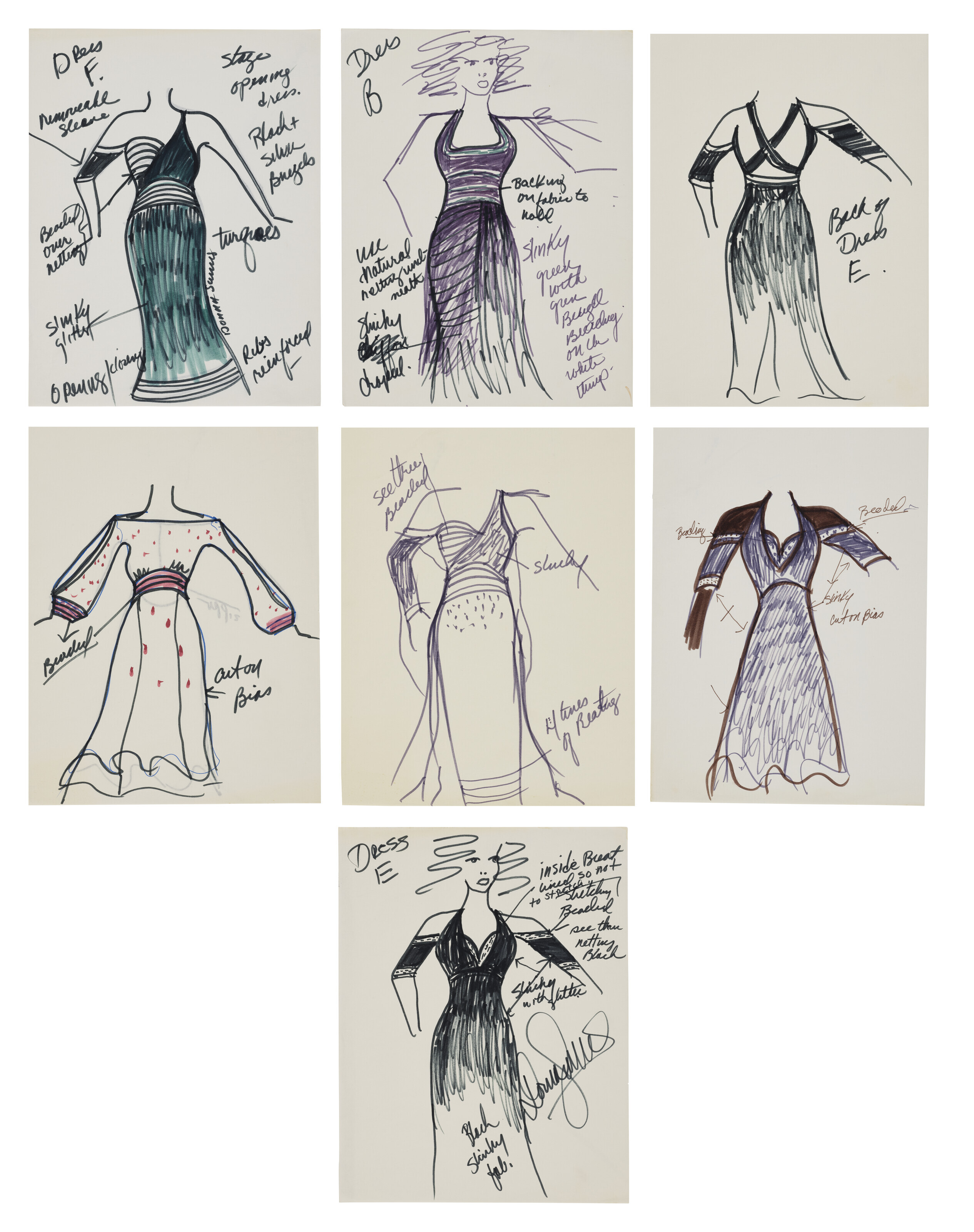 A GROUP OF SEVEN COSTUME DESIGNS DRAWN BY DONNA SUMMER, CIRCA LATE ...