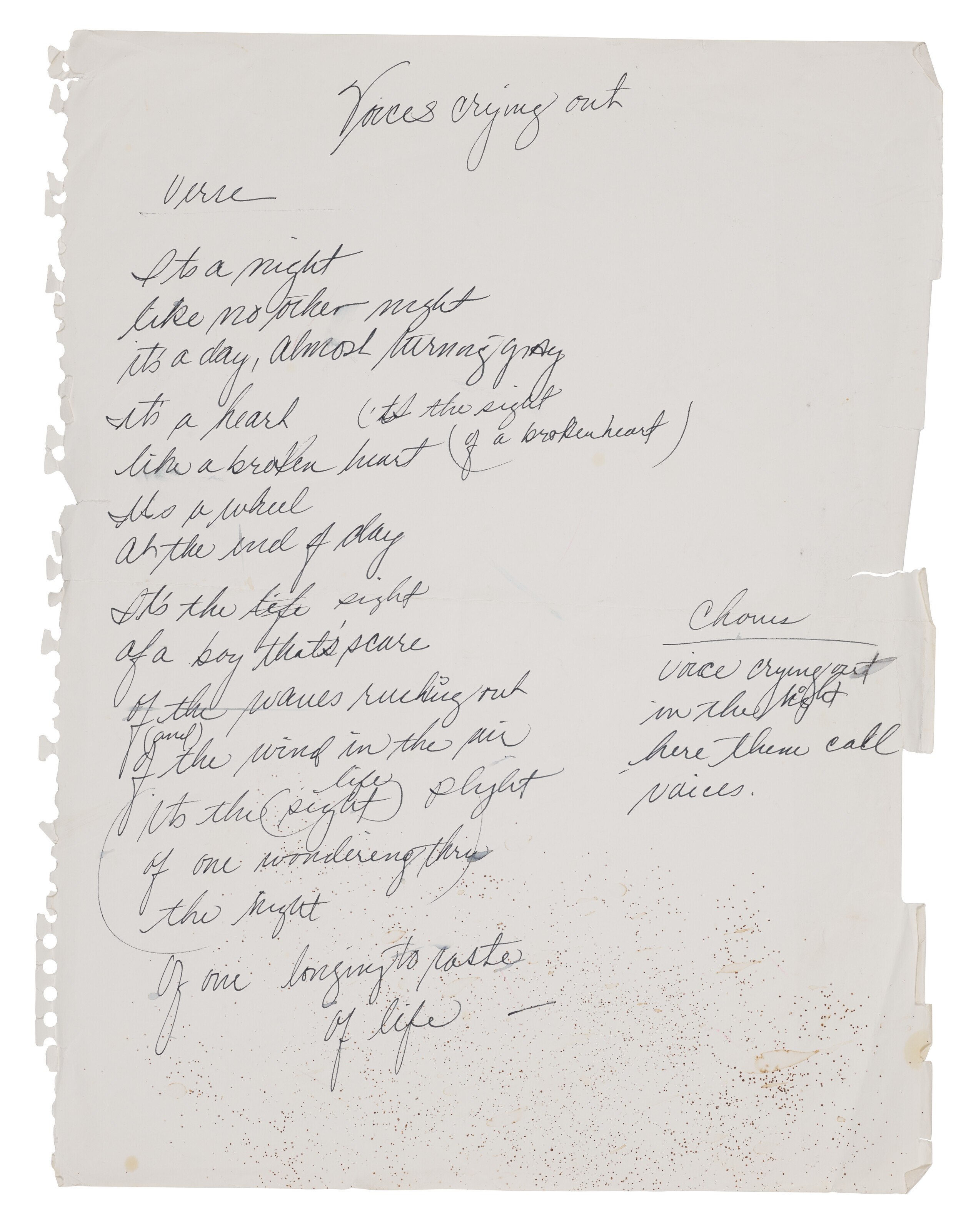 DRAFT LYRICS FOR 'VOICES CRYIN' OUT', DONNA SUMMER, CIRCA 1985-1987 ...