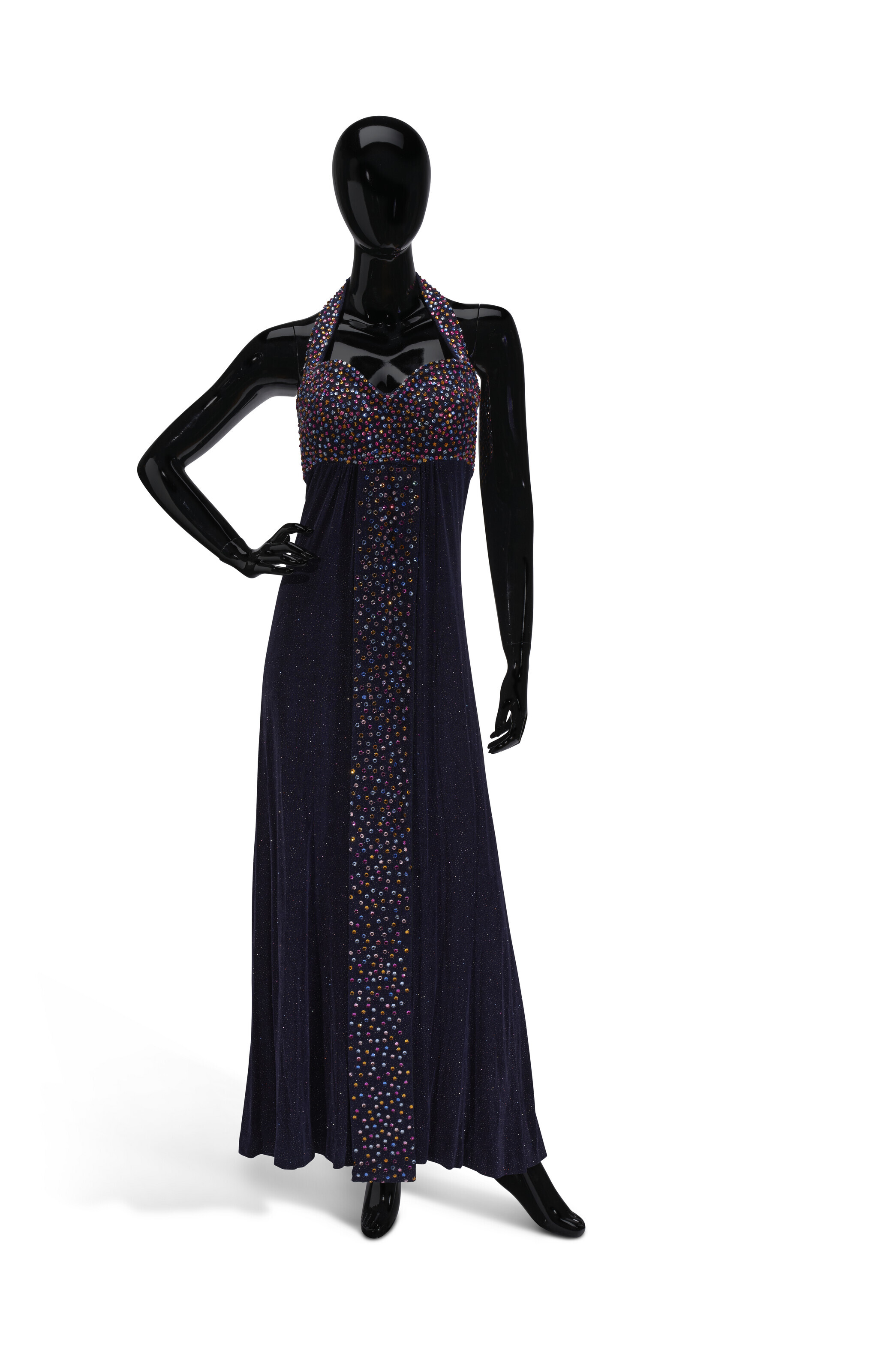 A NAVY BLUE GLITTER PONGEE SILK HALTER TOP EVENING DRESS WITH MULTI ...