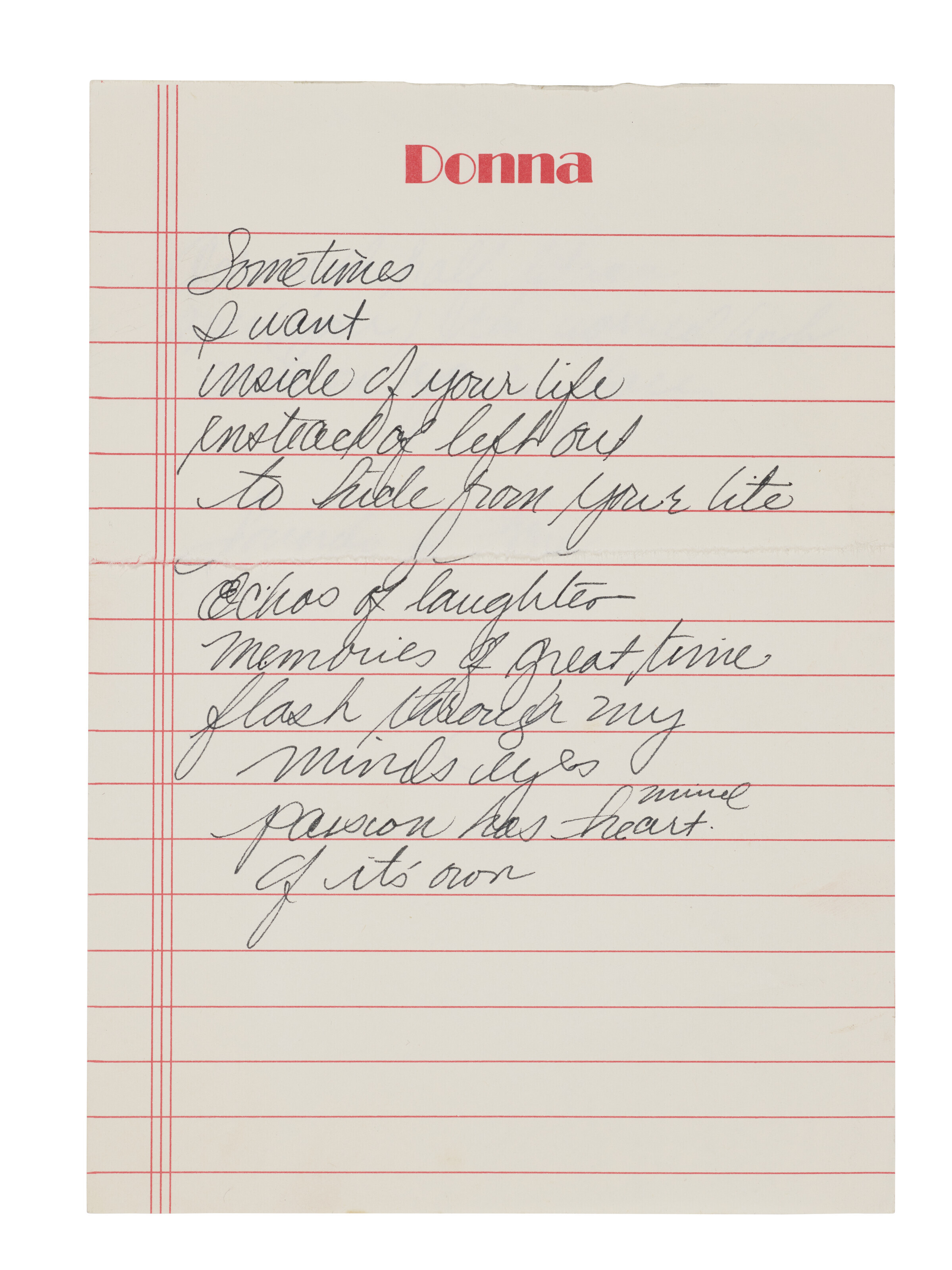 AUTOGRAPH LYRICS FOR AN UNRELEASED SONG, DONNA SUMMER, CIRCA 1980 ...