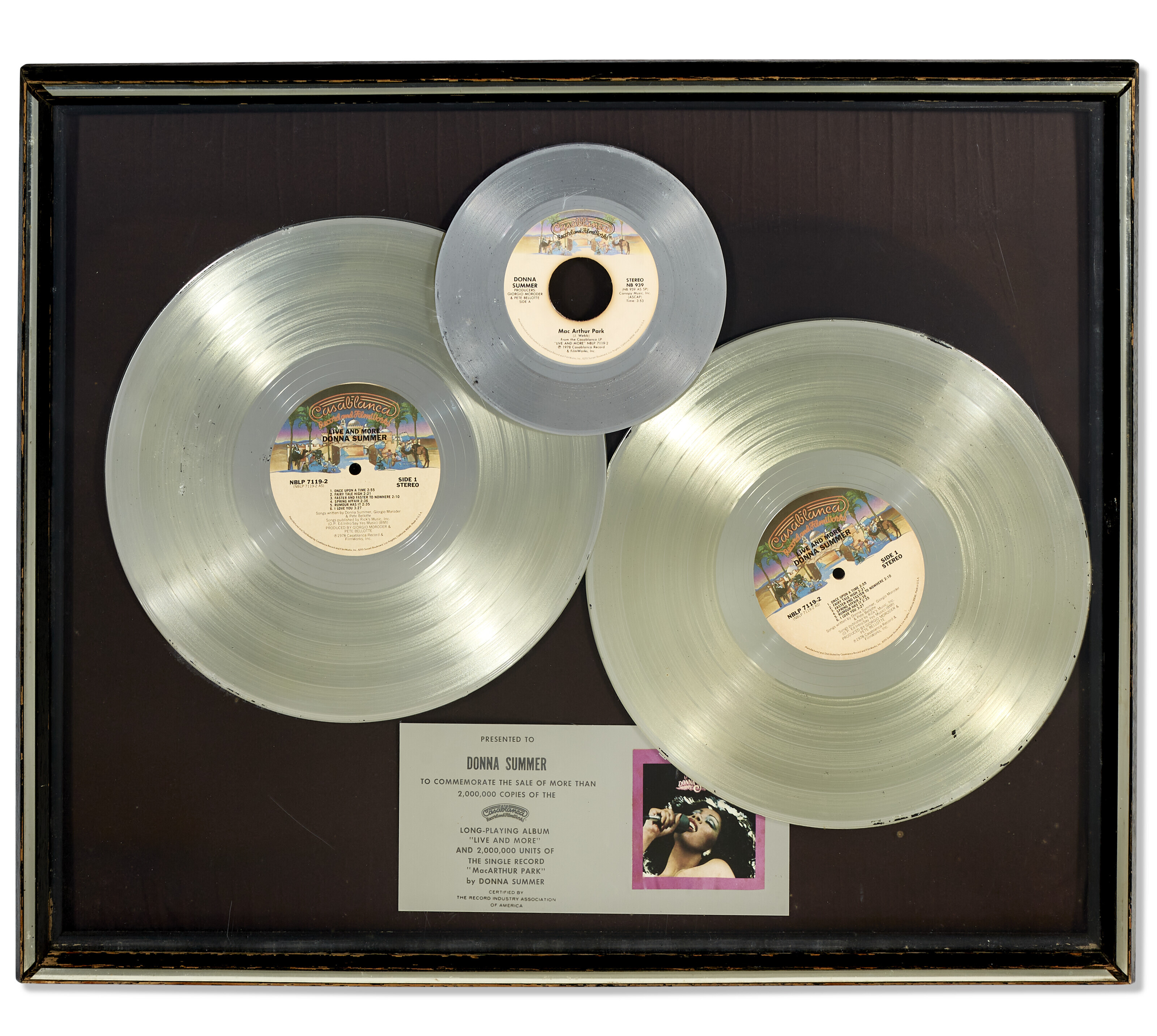 CASABLANCA PLATINUM RECORD AWARD ISSUED TO DONNA SUMMER FOR LIVE AND ...