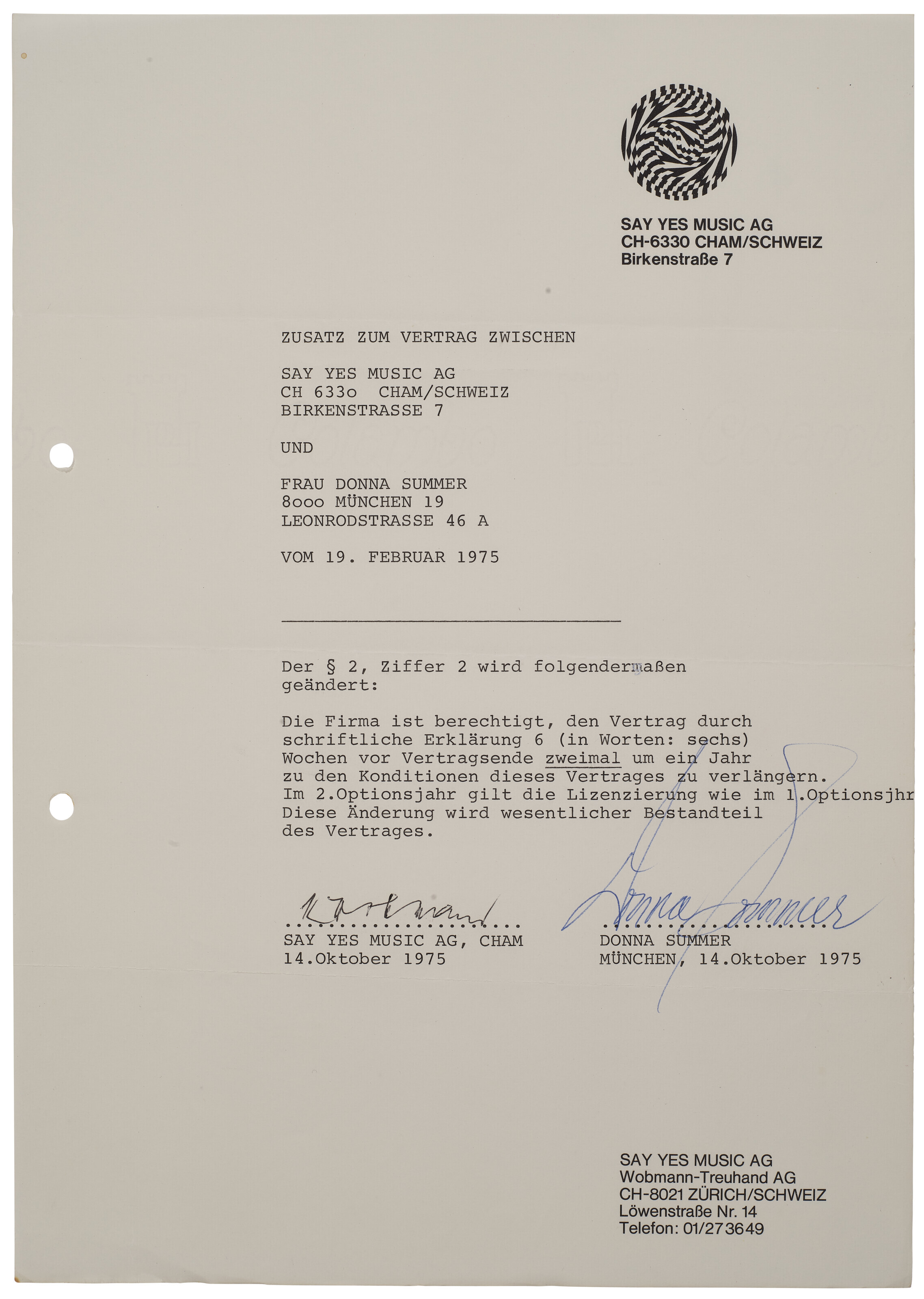 CONTRACTS WITH SAY YES MUSIC, DONNA SUMMER, 15 JULY 1974, 14 OCTOBER ...