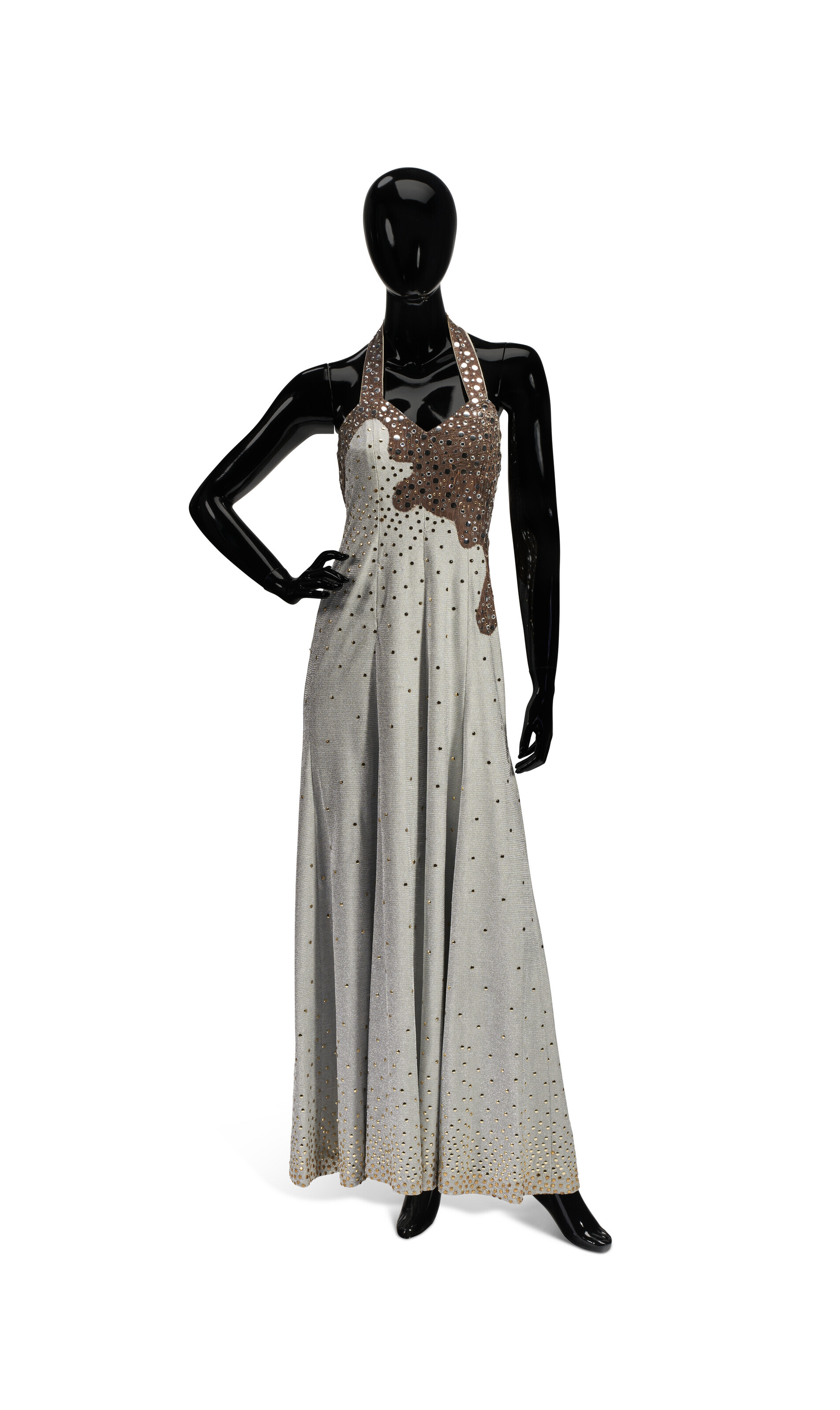 A METALLIC SILVER AND BROWN SILK HALTER TOP EVENING DRESS WITH GOLD AND ...