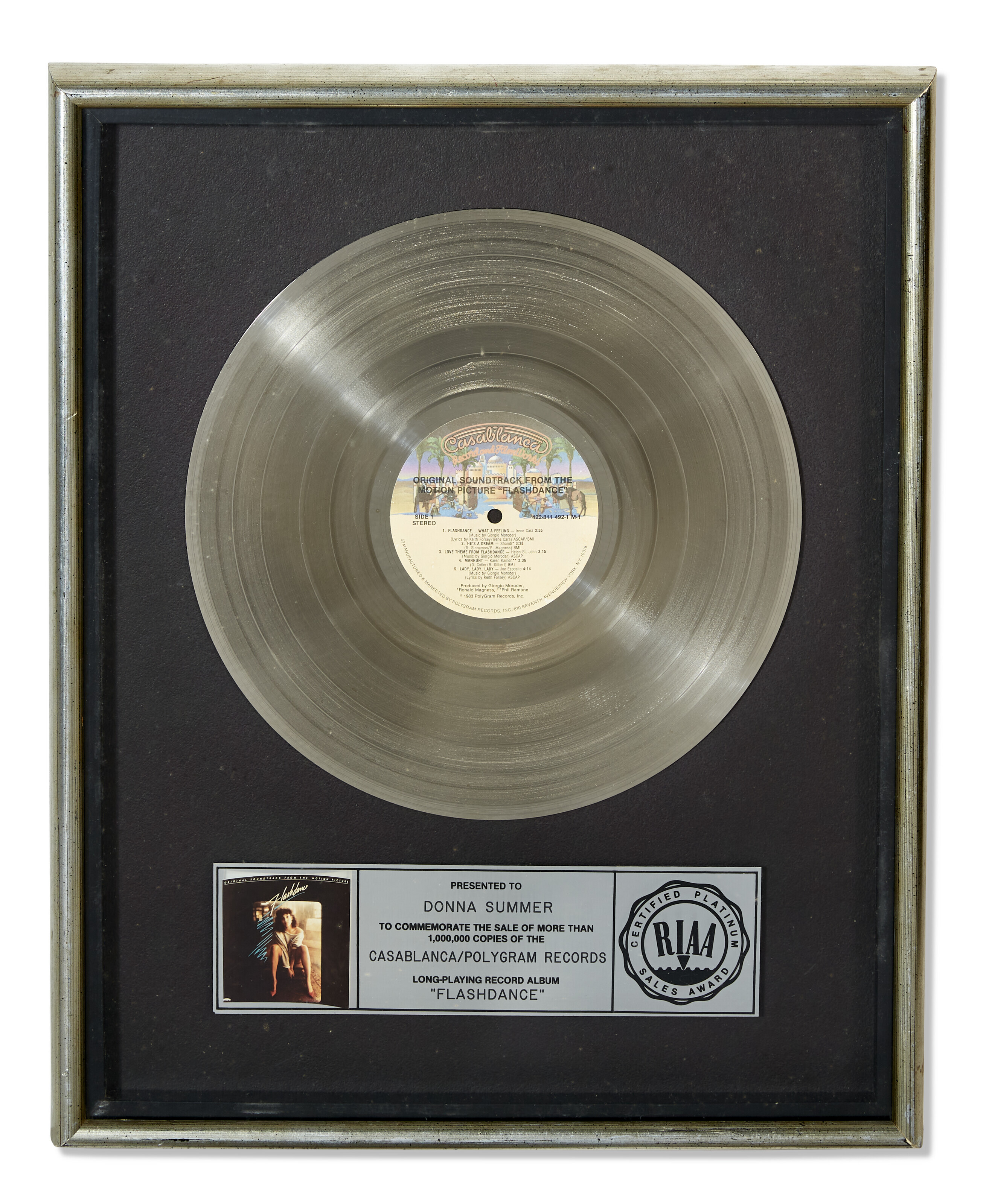 RIAA PLATINUM RECORD AWARD ISSUED TO DONNA SUMMER FOR FLASHDANCE, 1983 ...