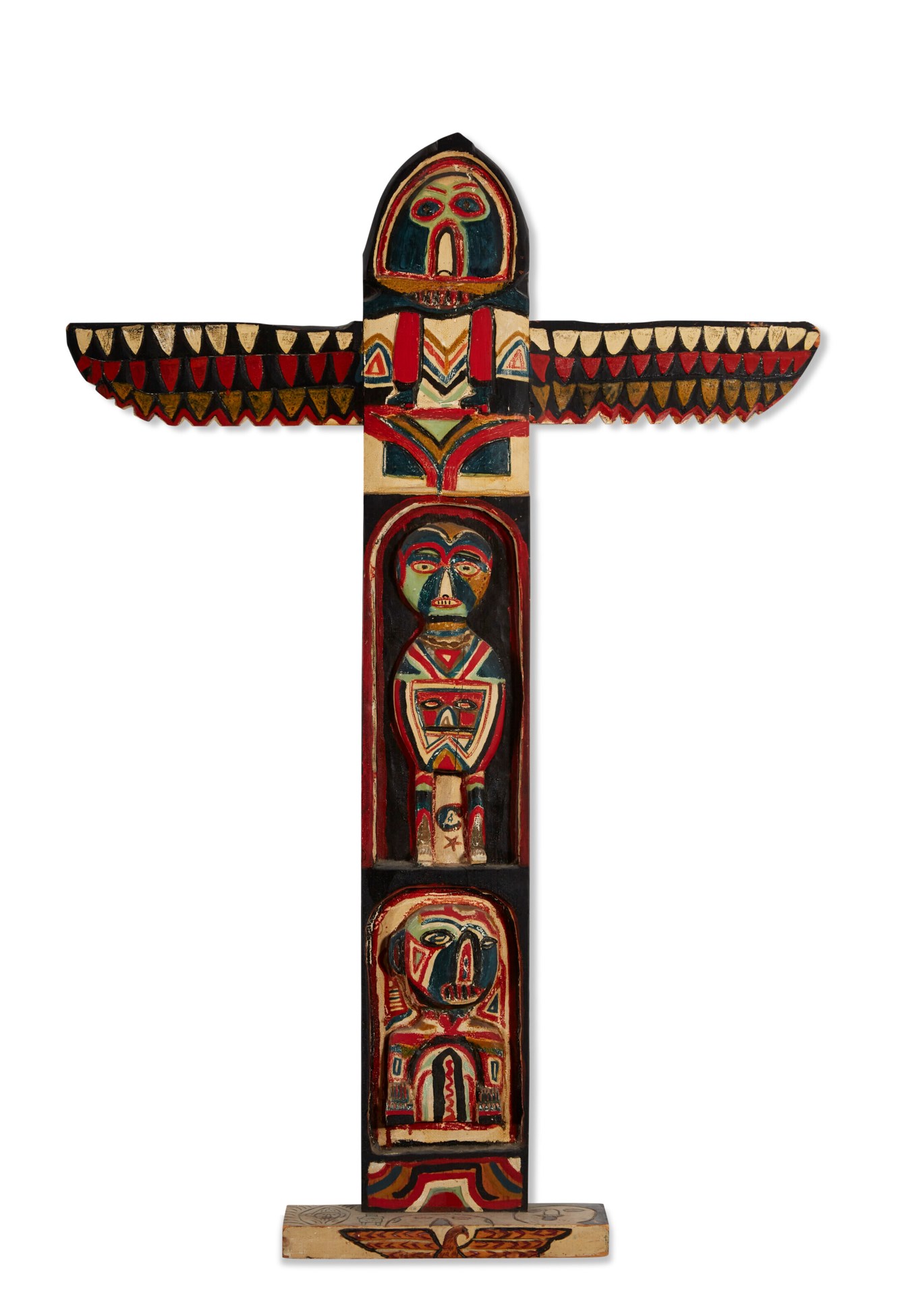 A CARVED AND POLYCHROME PAINT-DECORATED WOOD THUNDERBIRD TOTEM ...