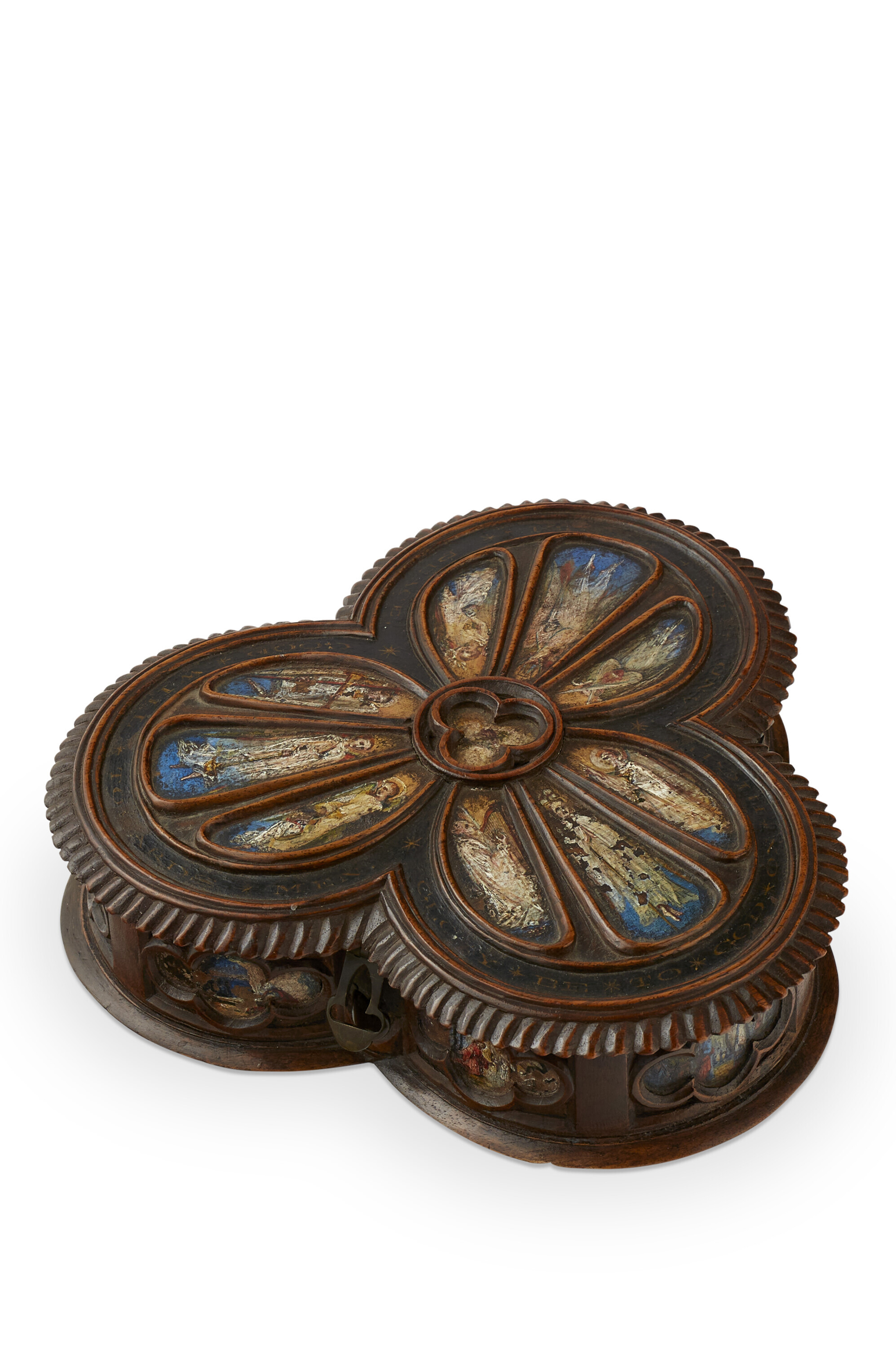 A GOTHIC REVIVAL TREFOIL FORM CARVED AND PAINTED WALNUT HINGED BOX ...