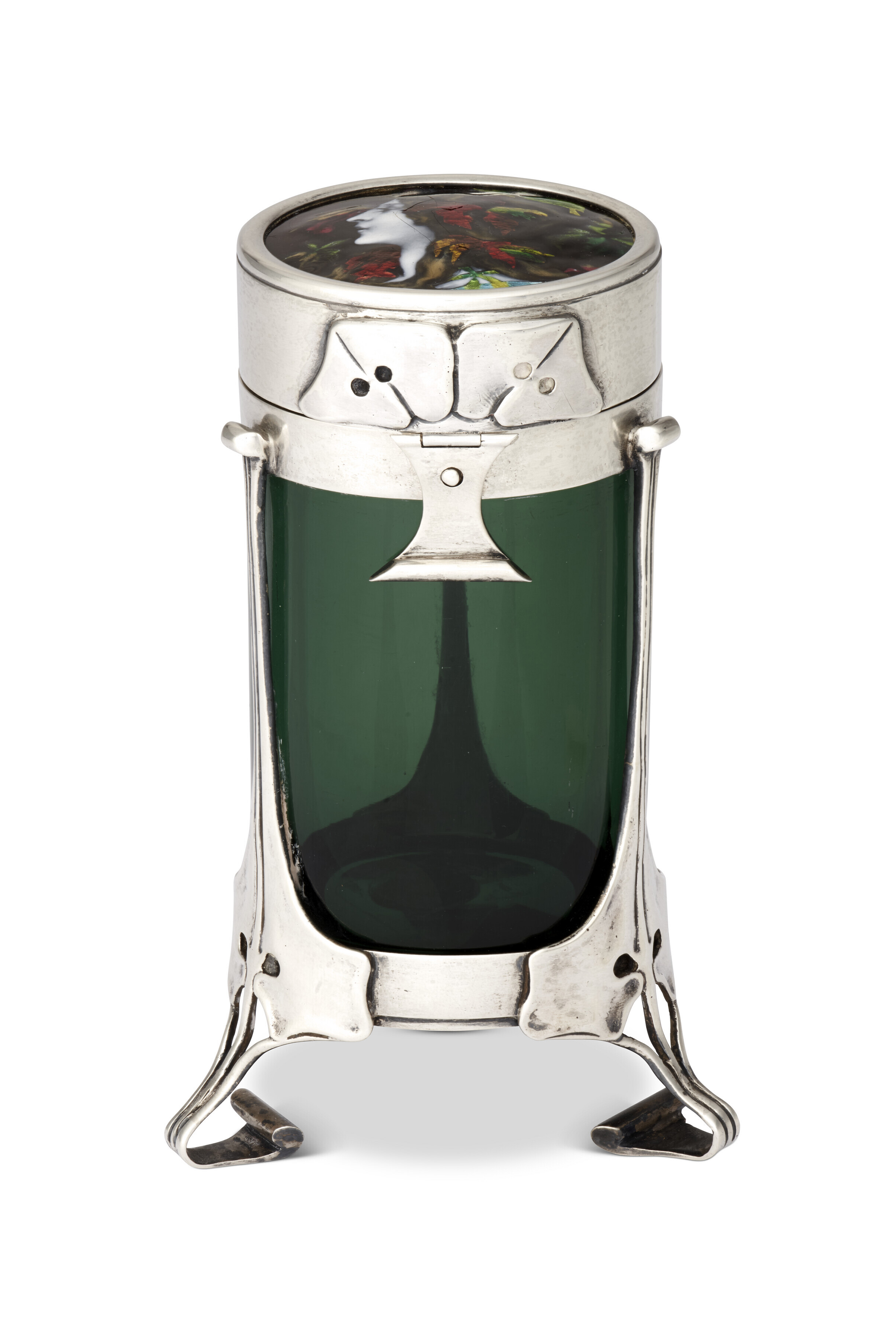 KATE HARRIS (ACTIVE 1899-1905), A silver, glass, and enamel canister ...