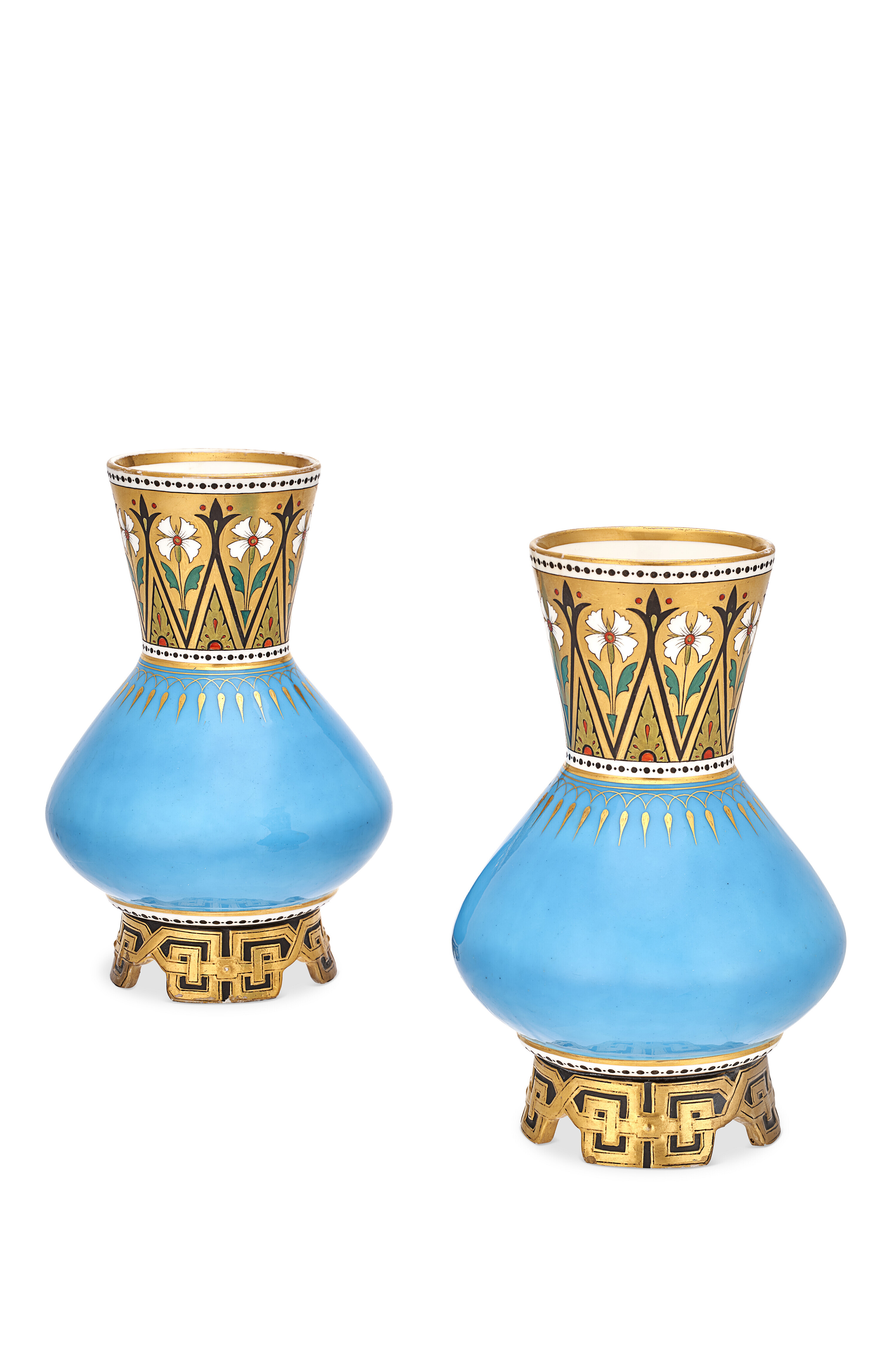 A PAIR OF MINTON TURQUOISE AND GOLD-GROUND BONE CHINA VASES, IMPRESSED ...