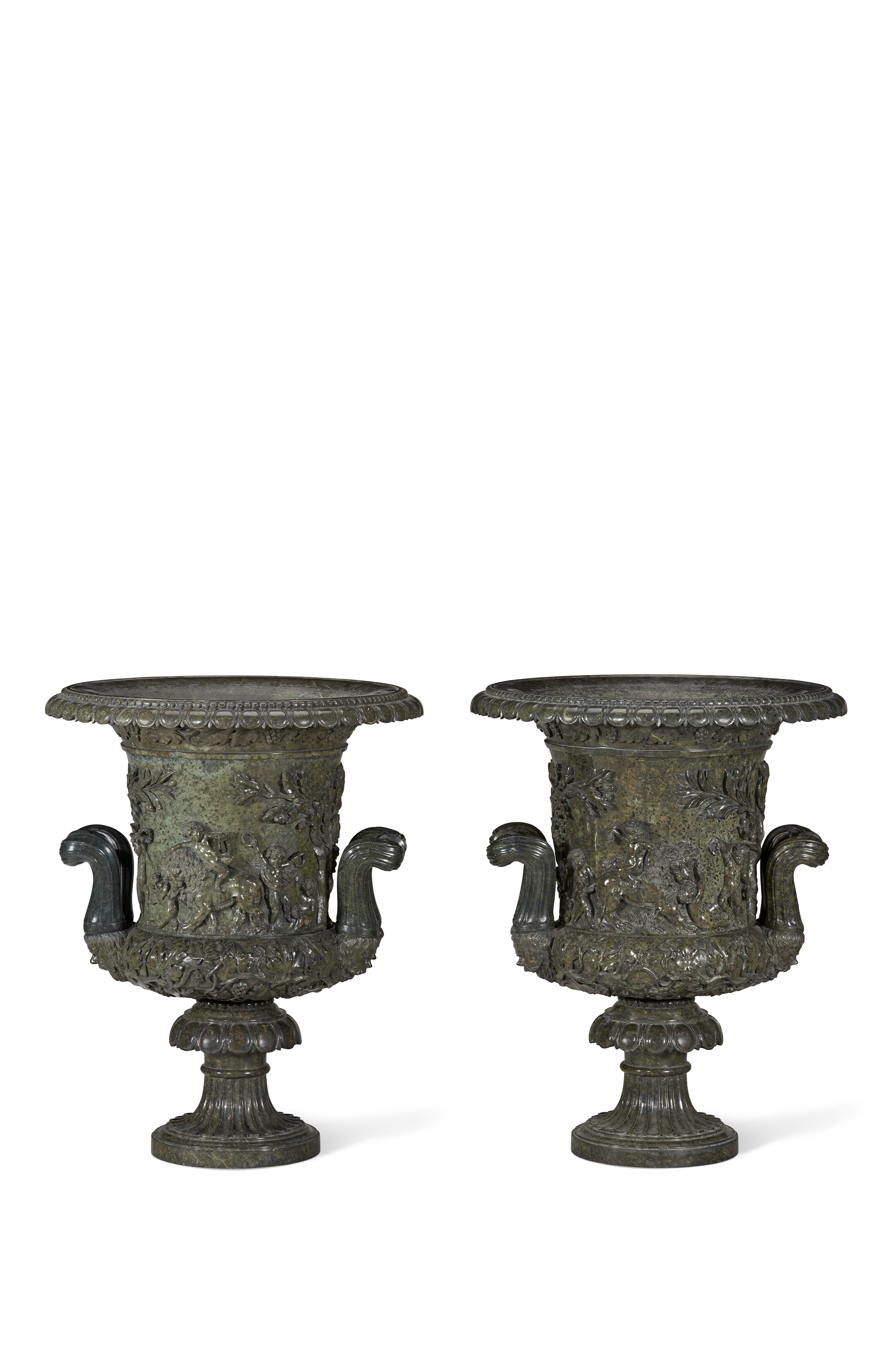 A PAIR OF ITALIAN GREEN SERPENTINE MARBLE URNS, SECOND HALF 19TH ...