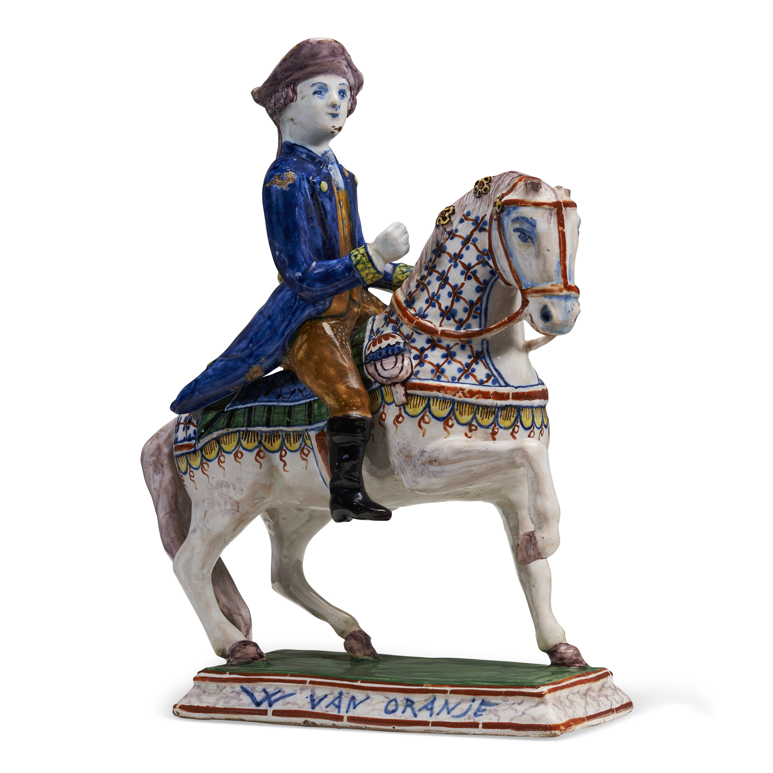 A DUTCH DELFT POLYCHROME EQUESTRIAN FIGURE OF WILLIAM OF ORANGE, CIRCA ...