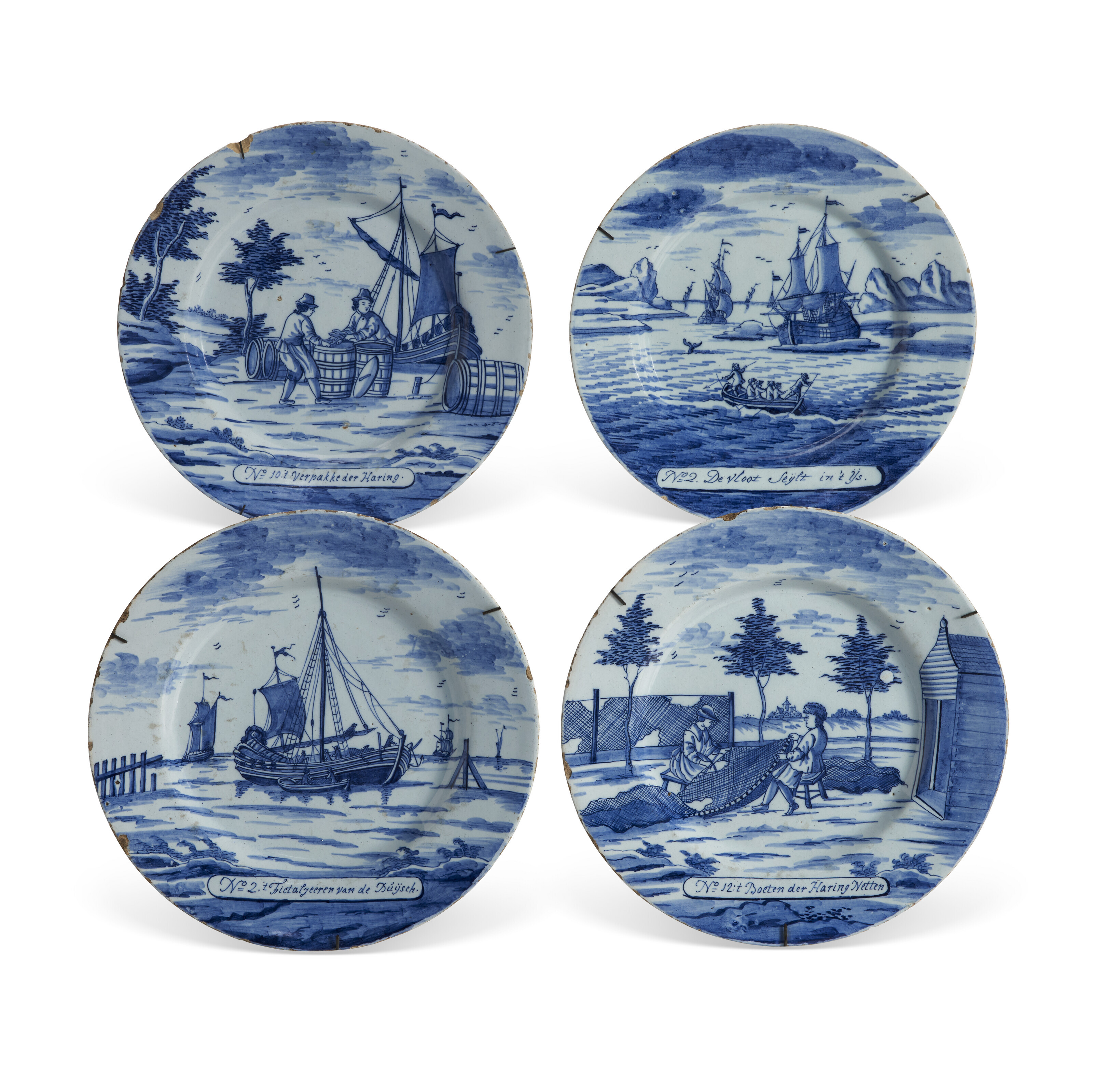 FOUR DUTCH DELFT BLUE AND WHITE 'HERRING FISHERY' PLATES, SECOND HALF ...