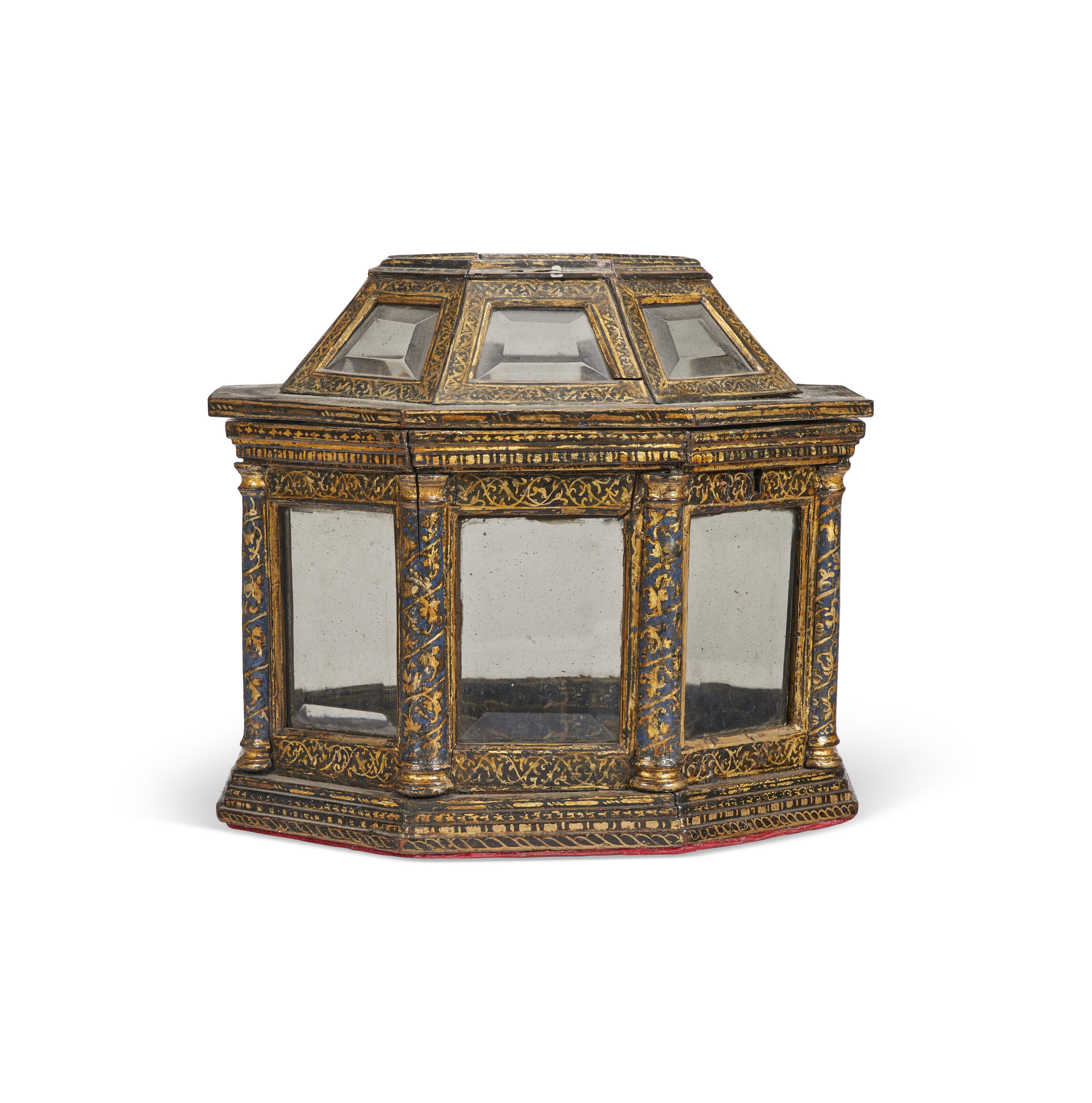 AN ITALIAN POLYCHROME-PAINTED, PARCEL-GILT AND GLASS-INSET RELIQUARY ...