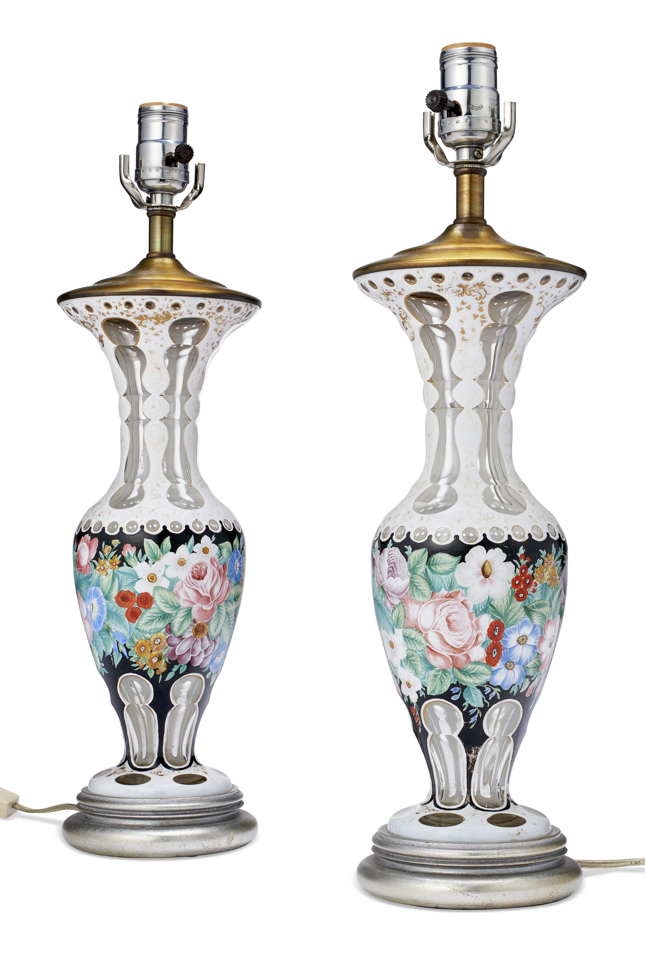 A PAIR OF BOHEMIAN WHITE OVERLAY CUT-GLASS VASES MOUNTED AS LAMPS, LATE ...