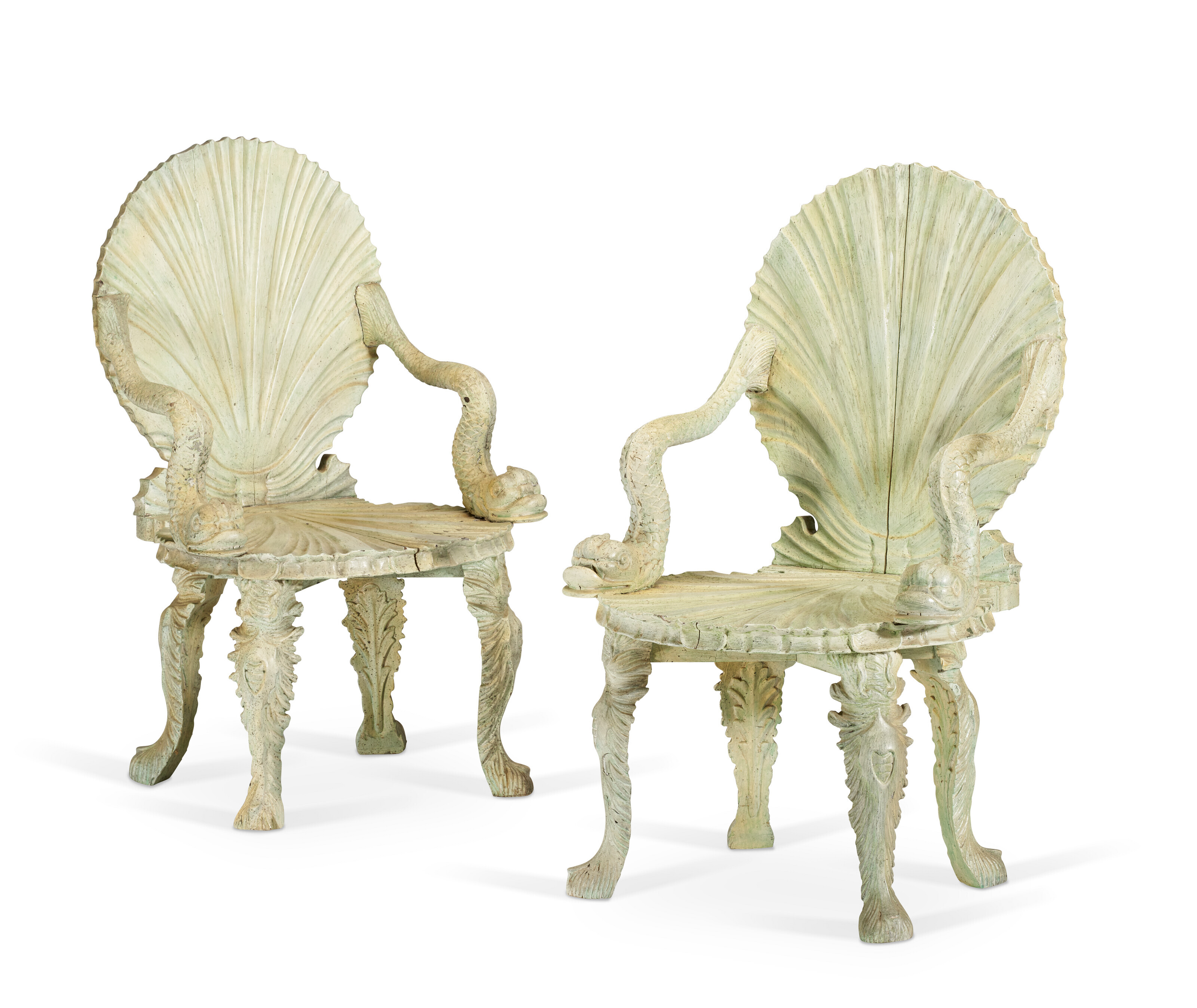 TWO VENETIAN STYLE MINT-GREEN PAINTED GROTTO CHAIRS, FIRST HALF 20TH ...
