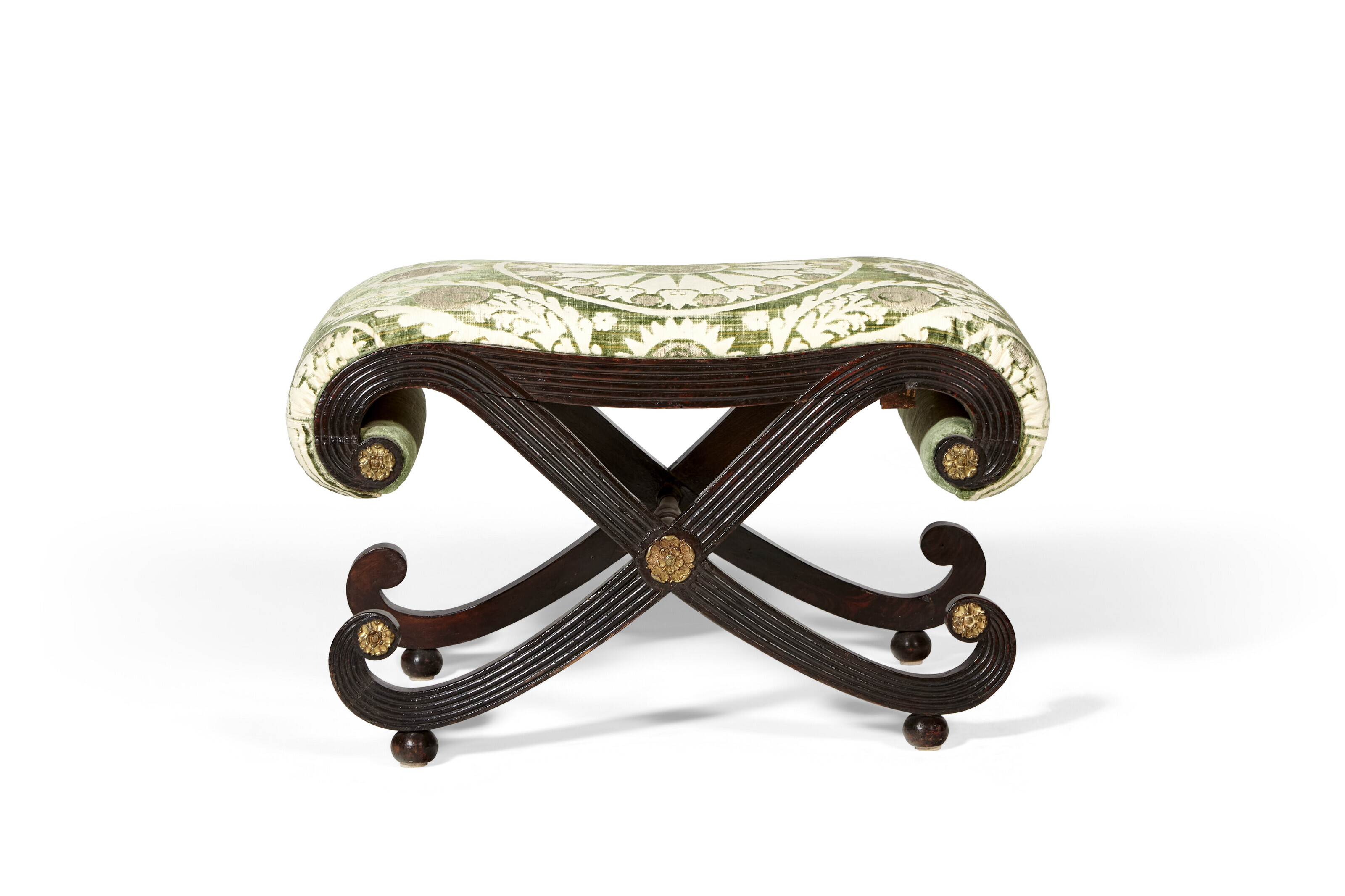 A REGENCY BRASS-MOUNTED ROSEWOOD GRAINED X-FORM STOOL, 19TH CENTURY ...