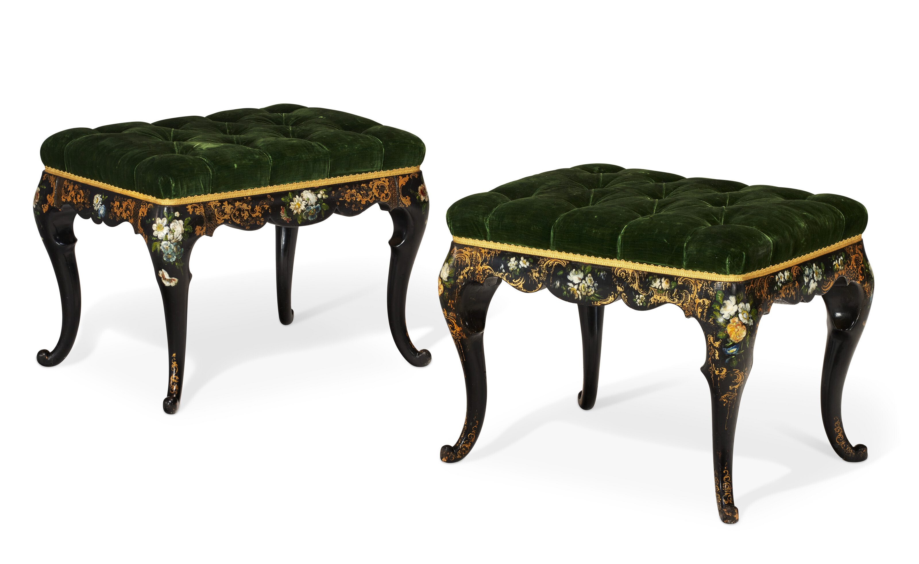 A PAIR OF LATE VICTORIAN GILT AND POLYCHROME PAINTED EBONIZED STOOLS ...