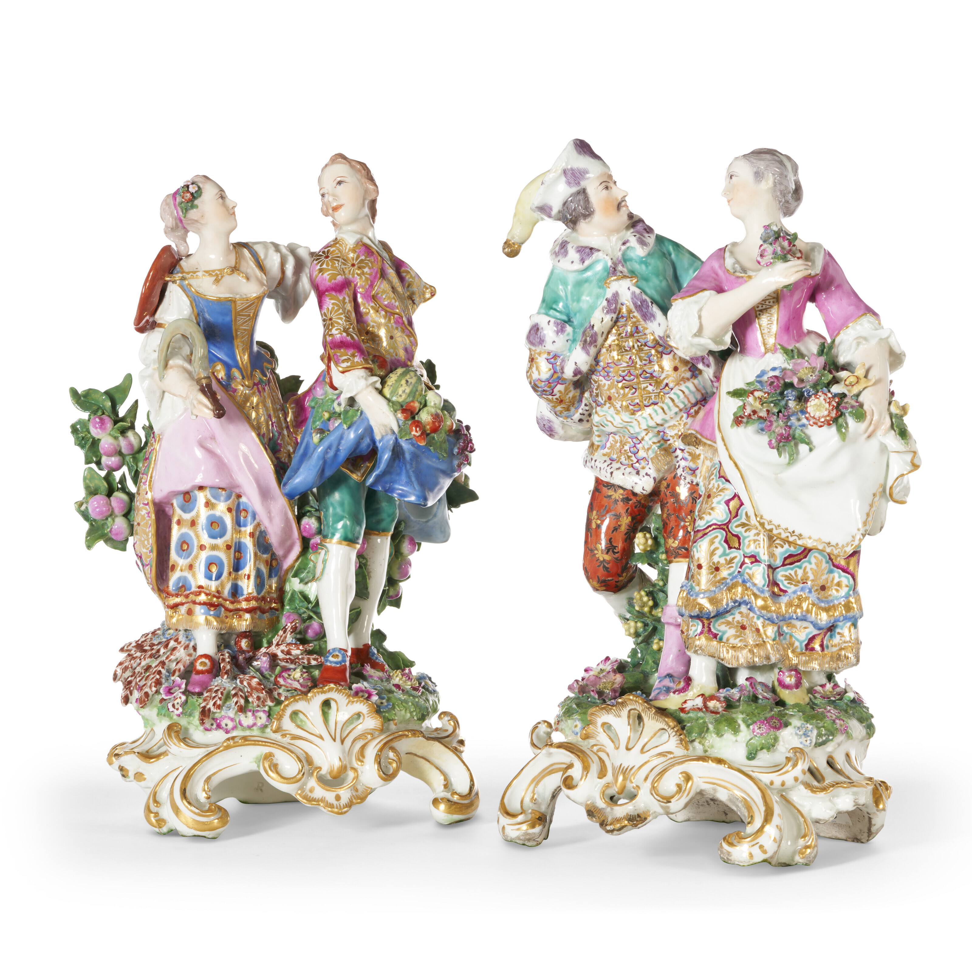 A PAIR OF CHELSEA PORCELAIN FIGURE GROUPS EMBLEMATIC OF THE SEASONS ...