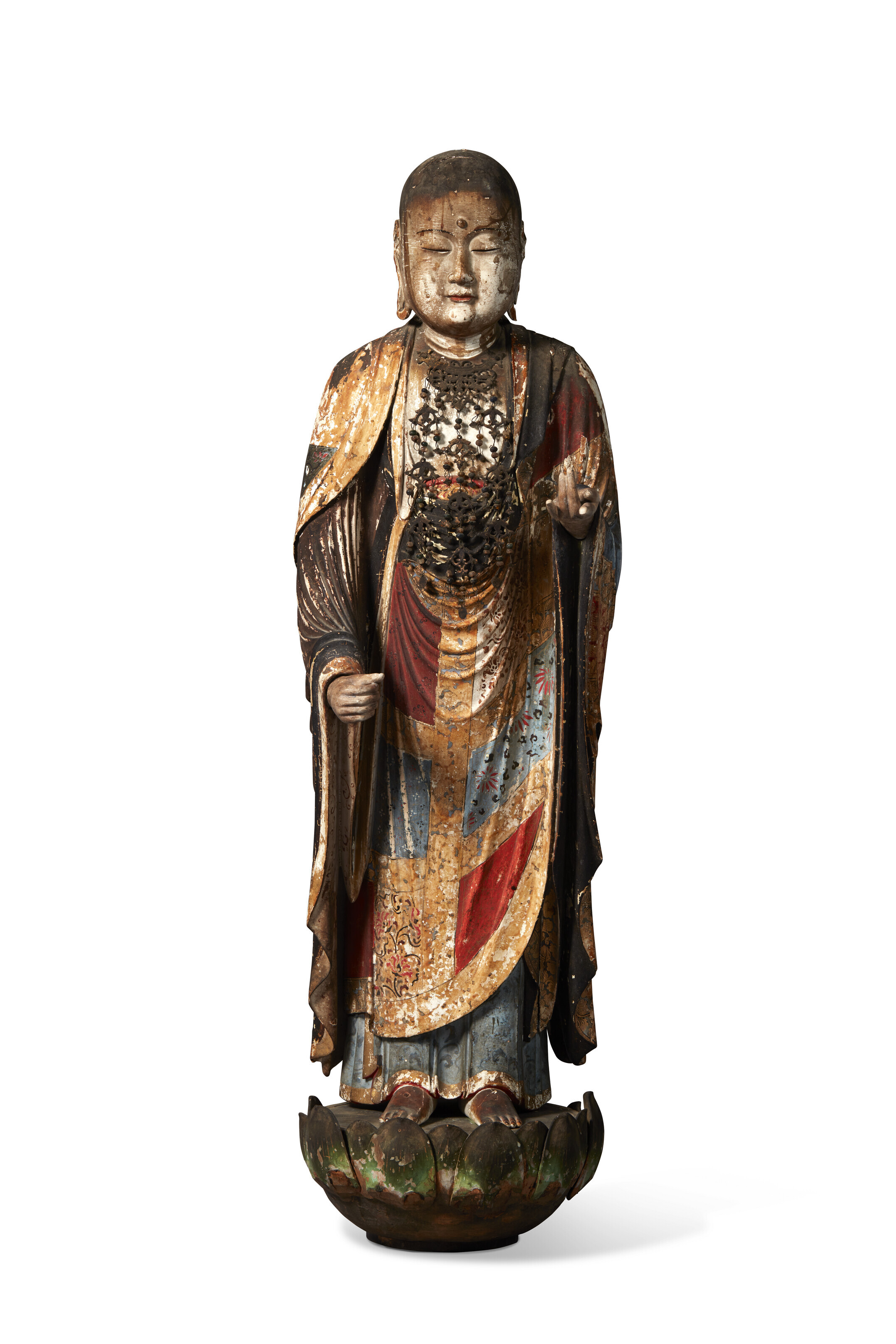 A STANDING WOOD FIGURE OF JIZO BOSATSU (KSITIGARBHA), EDO PERIOD (17TH ...