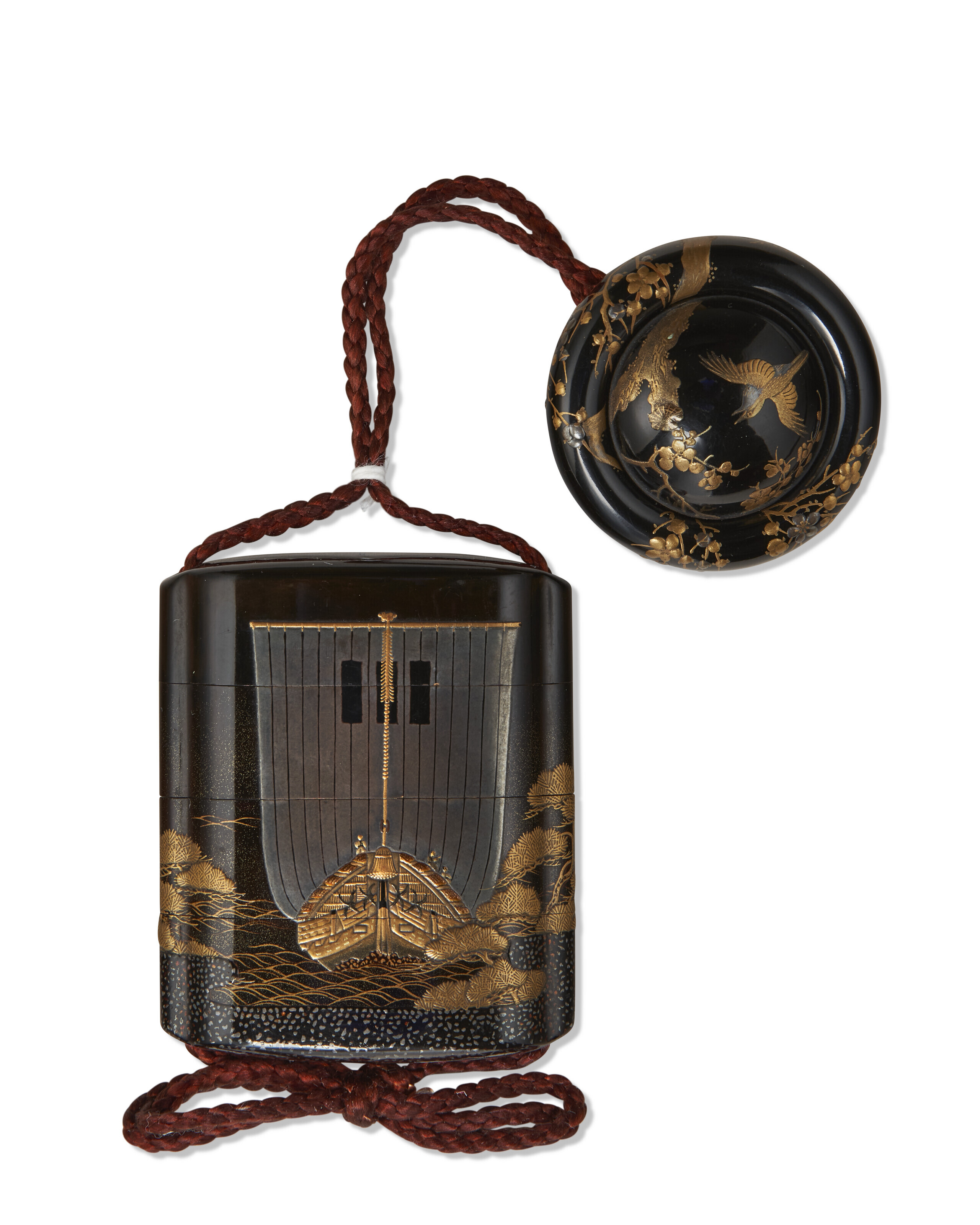 A THREE-CASE LACQUER INRO WITH BOATS AND PINES BY BEACH, EDO PERIOD ...