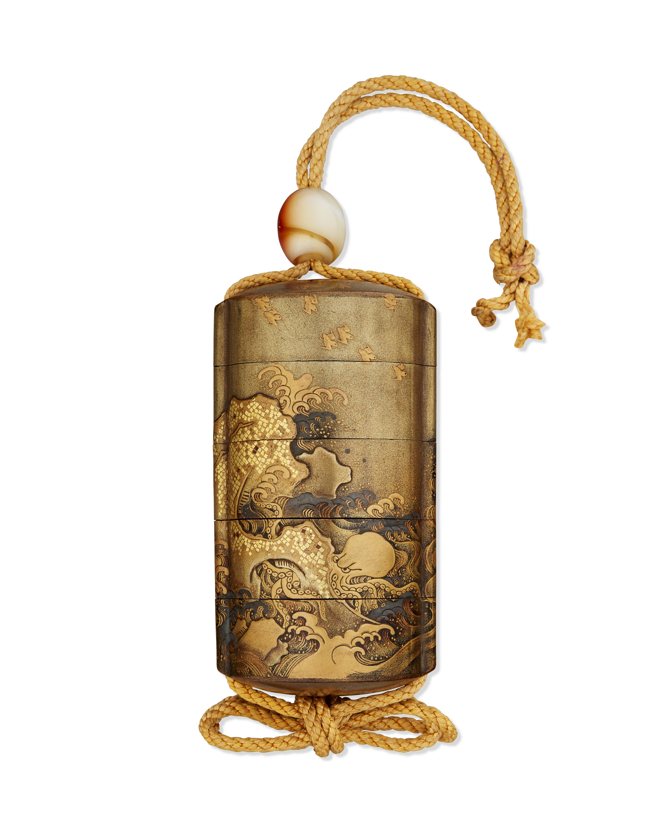A FOUR-CASE LACQUER INRO WITH PLOVERS AND A OCTOPUS AMONG ROCKS AND ...