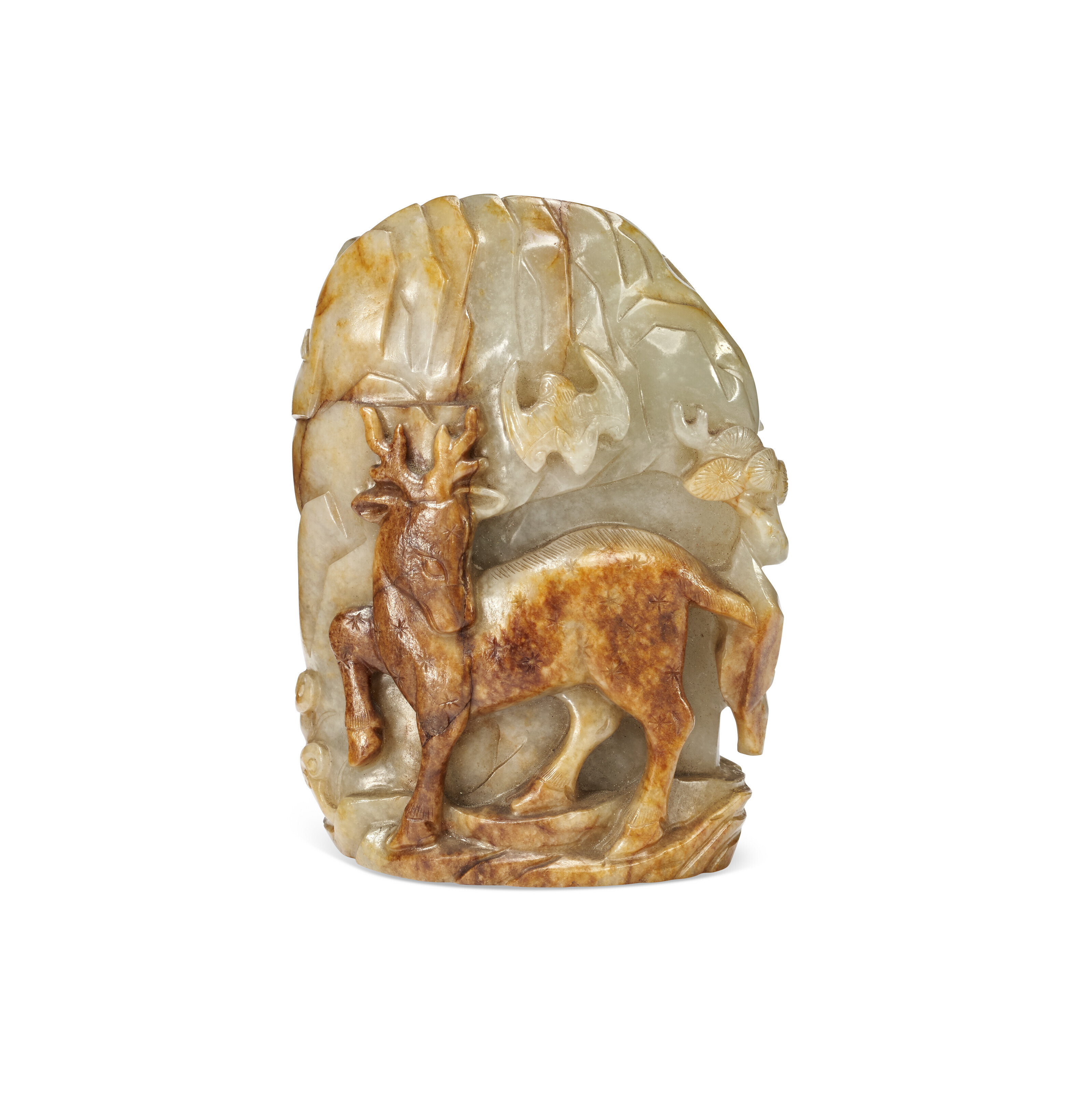 A RUSSET AND GREYISH-GREEN JADE MOUNTAIN WITH A STAG, CHINA, 18TH-19TH ...