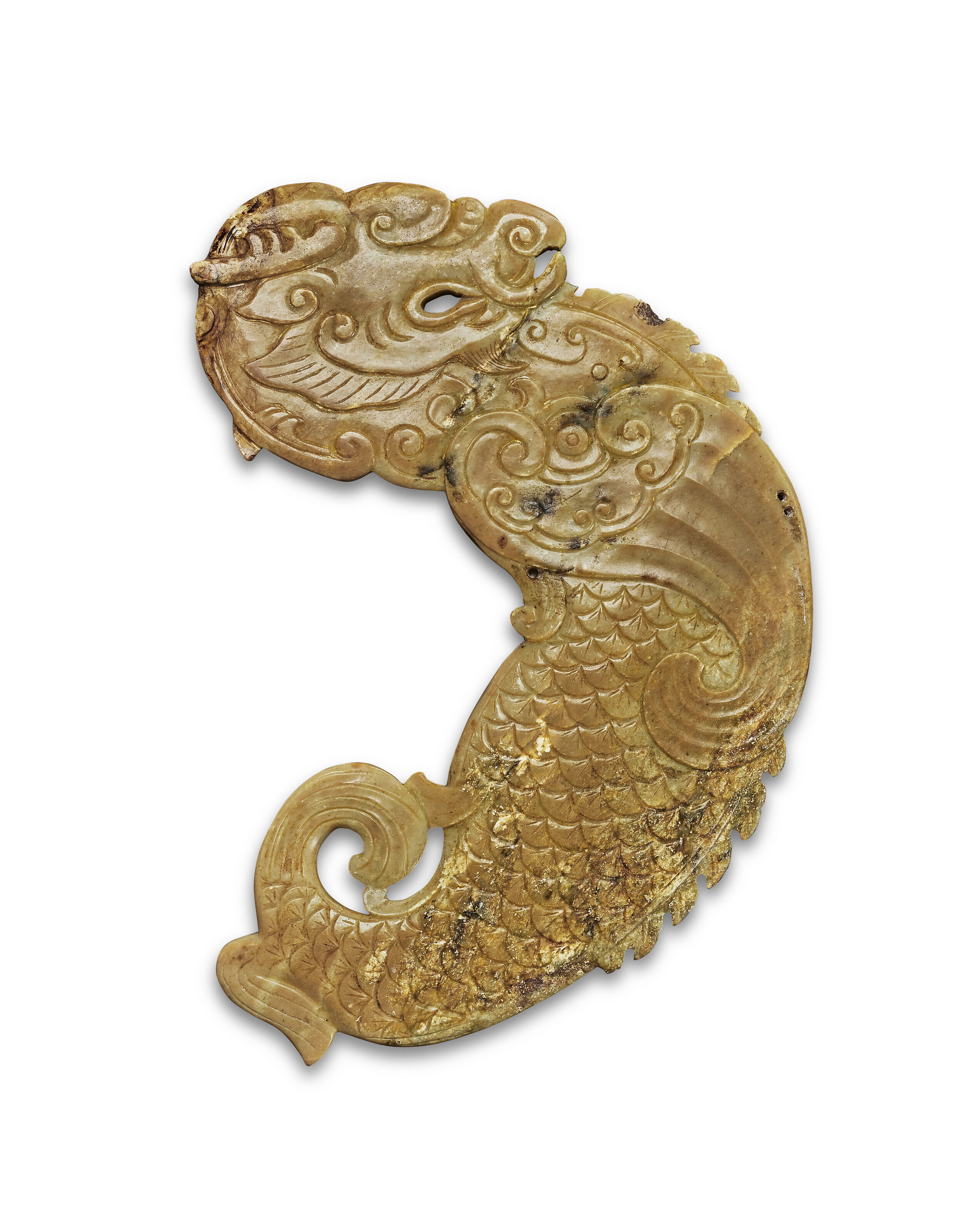A CARAMEL-TAUPE JADE ARCHAISTIC FLATTENED DRAGON-FISH PLAQUE, CHINA ...