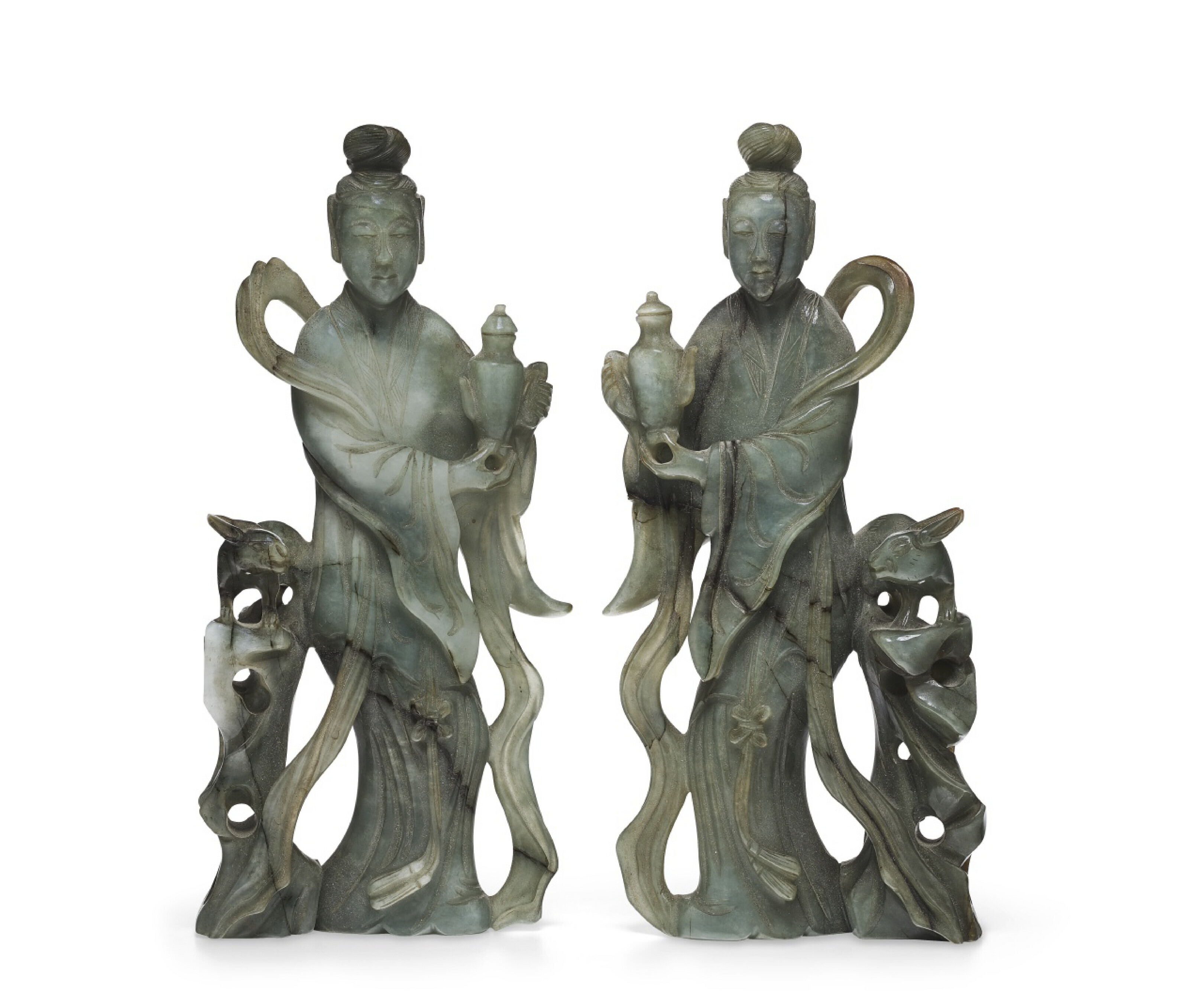 A PAIR OF JADEITE FIGURES OF FEMALE IMMORTALS, CHINA | Christie’s