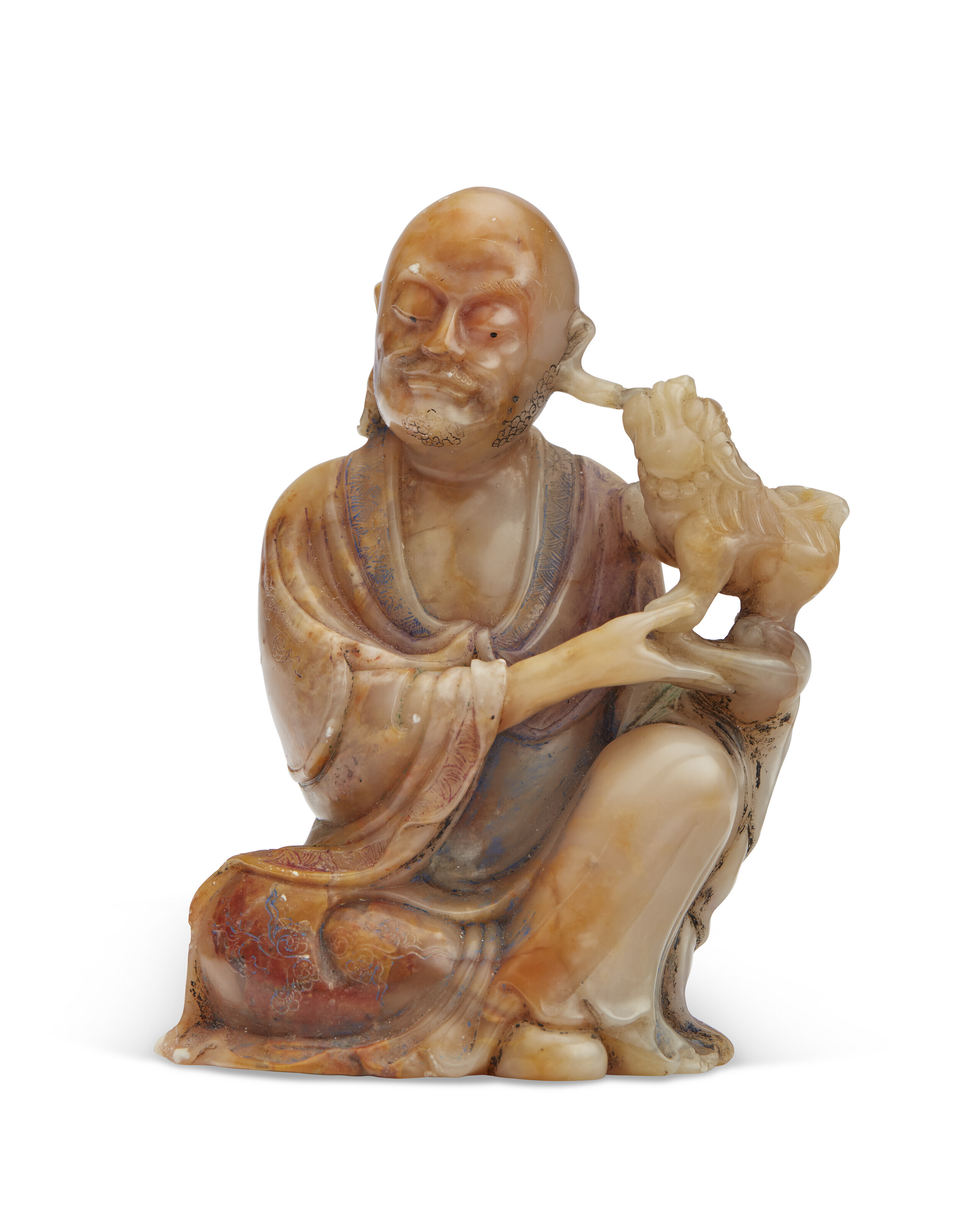 A SMALL SOAPSTONE FIGURE OF A SEATED LUOHAN, CHINA, LATE QING DYNASTY ...