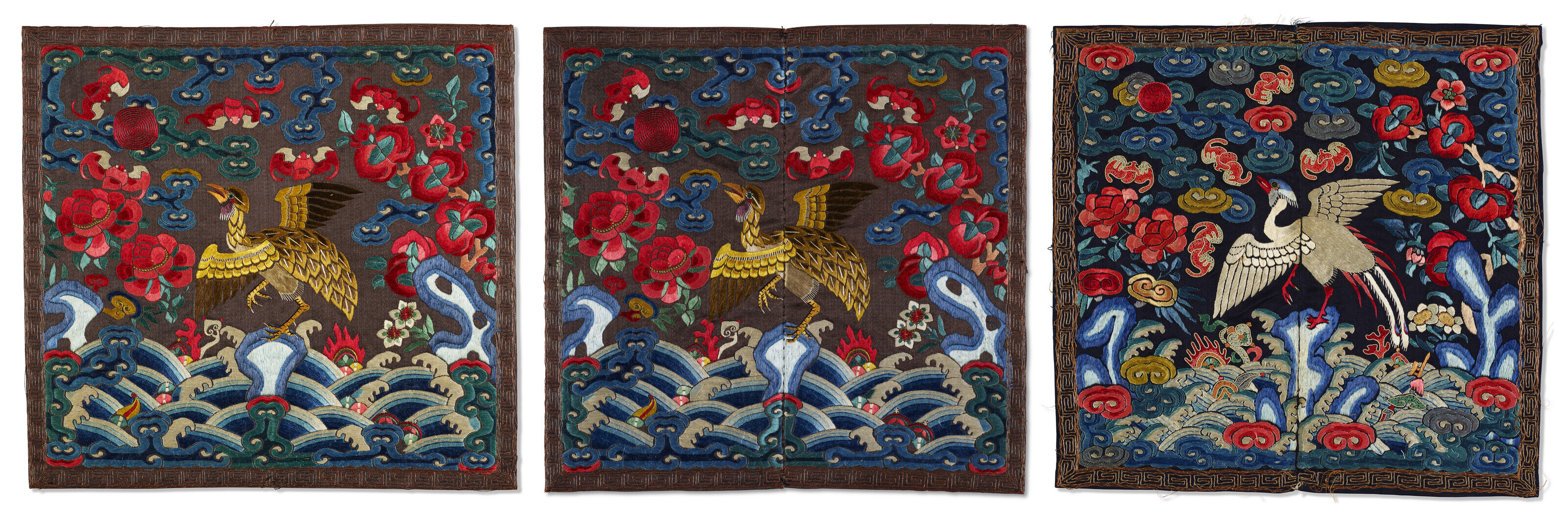 A GROUP OF THREE EMBROIDERED CIVIL OFFICIAL’S RANK BADGES, BUZI, CHINA ...